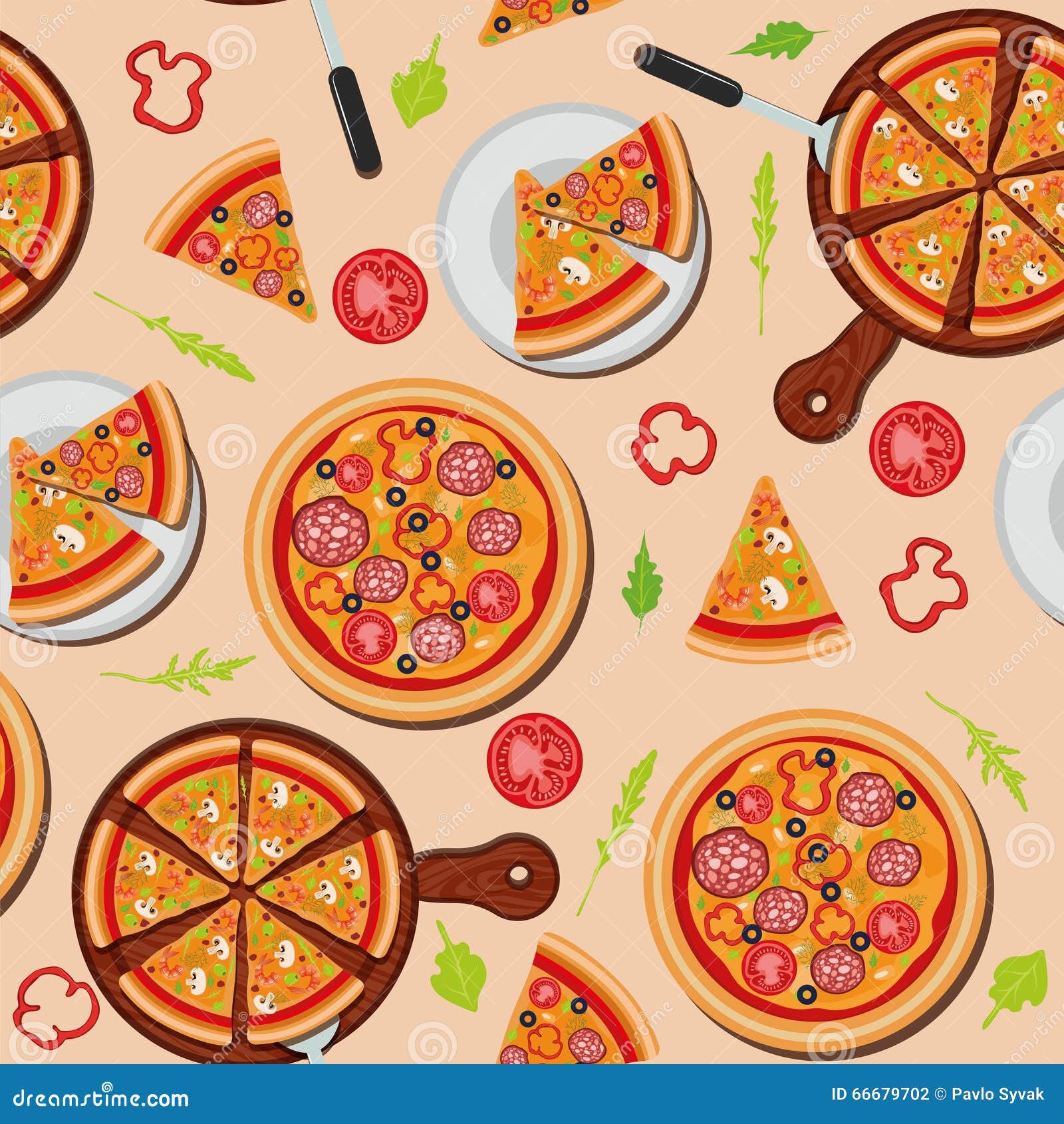 Pizza Seamless Pattern with Ingredients Stock Vector - Illustration of ...