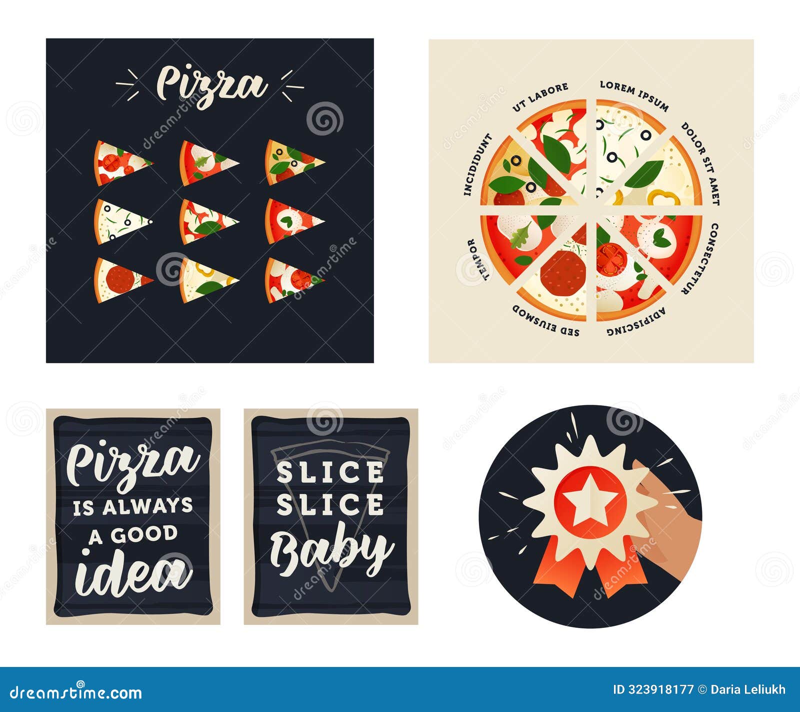 Pizza Set. Pizza Kinds Poster, Template Menu, Various Funny Quotes in a ...