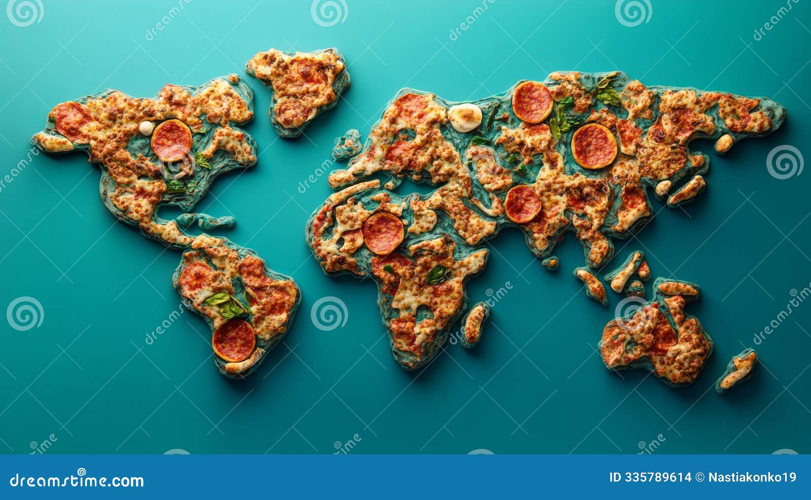 Pizza Shaped Like World Map on Teal Background. Culinary Art and ...