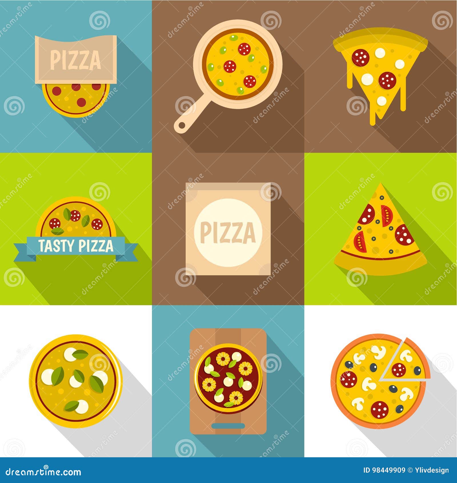 Pizza Shop Icons Set, Flat Style Stock Vector - Illustration of dish ...