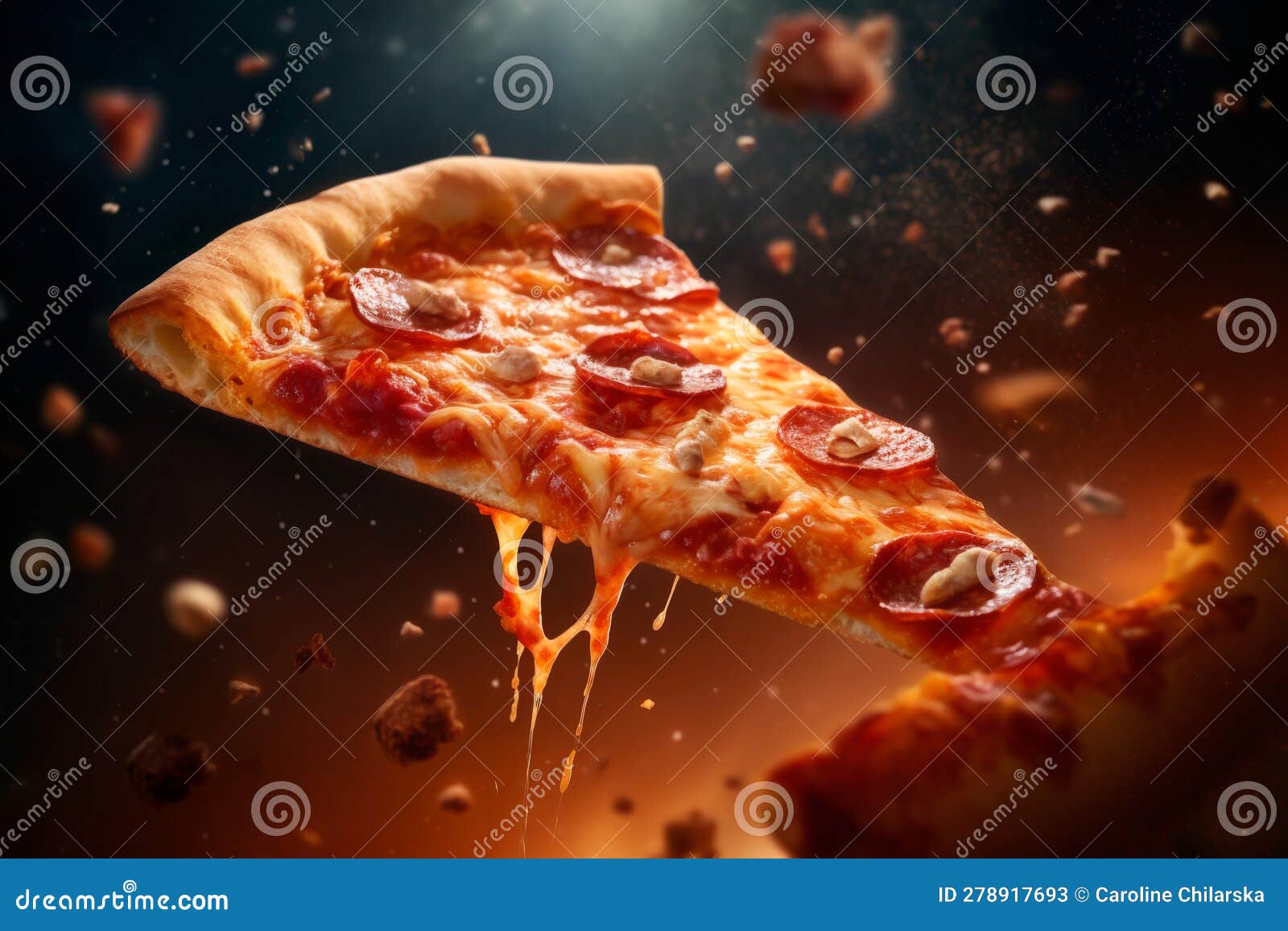 Pizza Slice Flying in the Space Concept. Pepperoni Salami Galaxy Pizza ...
