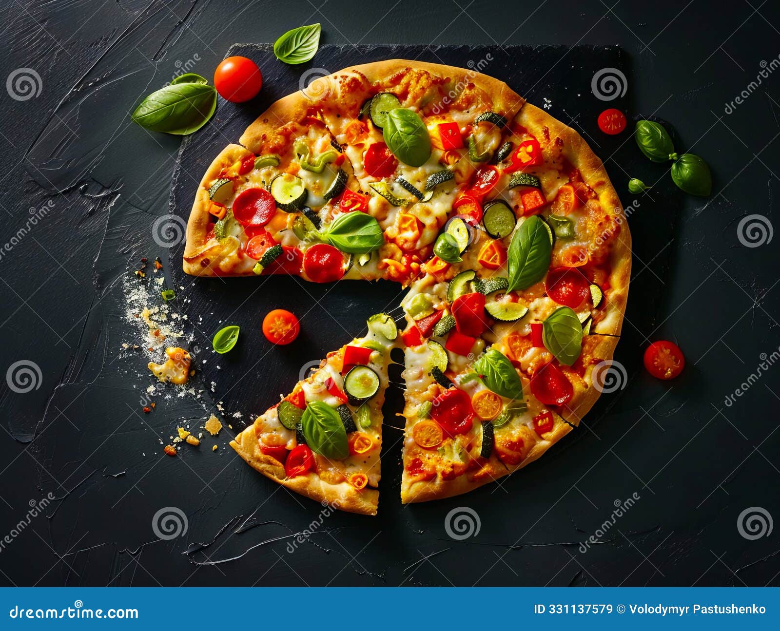 A Pizza with a Slice Missing from it on a Black Surface Stock Image ...