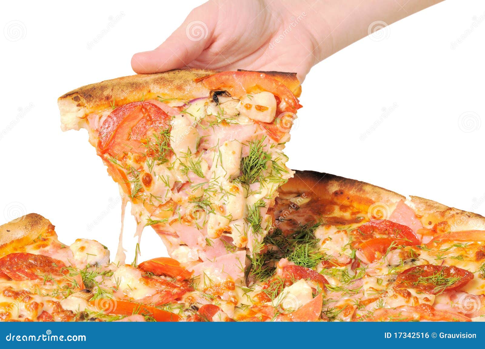 Pizza and Slice of Pizza in Hand Stock Photo - Image of mushrooms ...