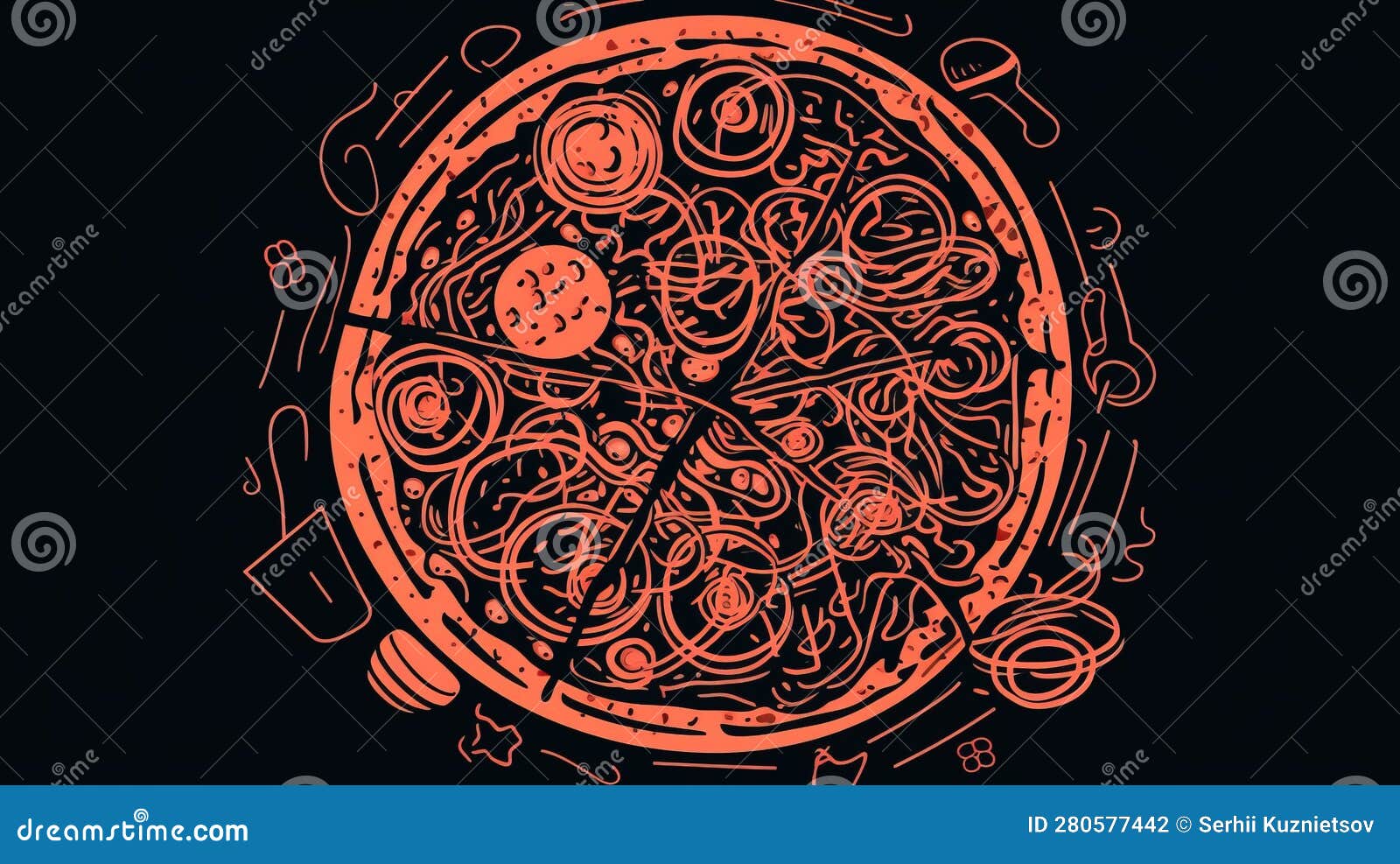 Pizza Sliced, Graphic Contour Illustration on a Dark Black Background ...