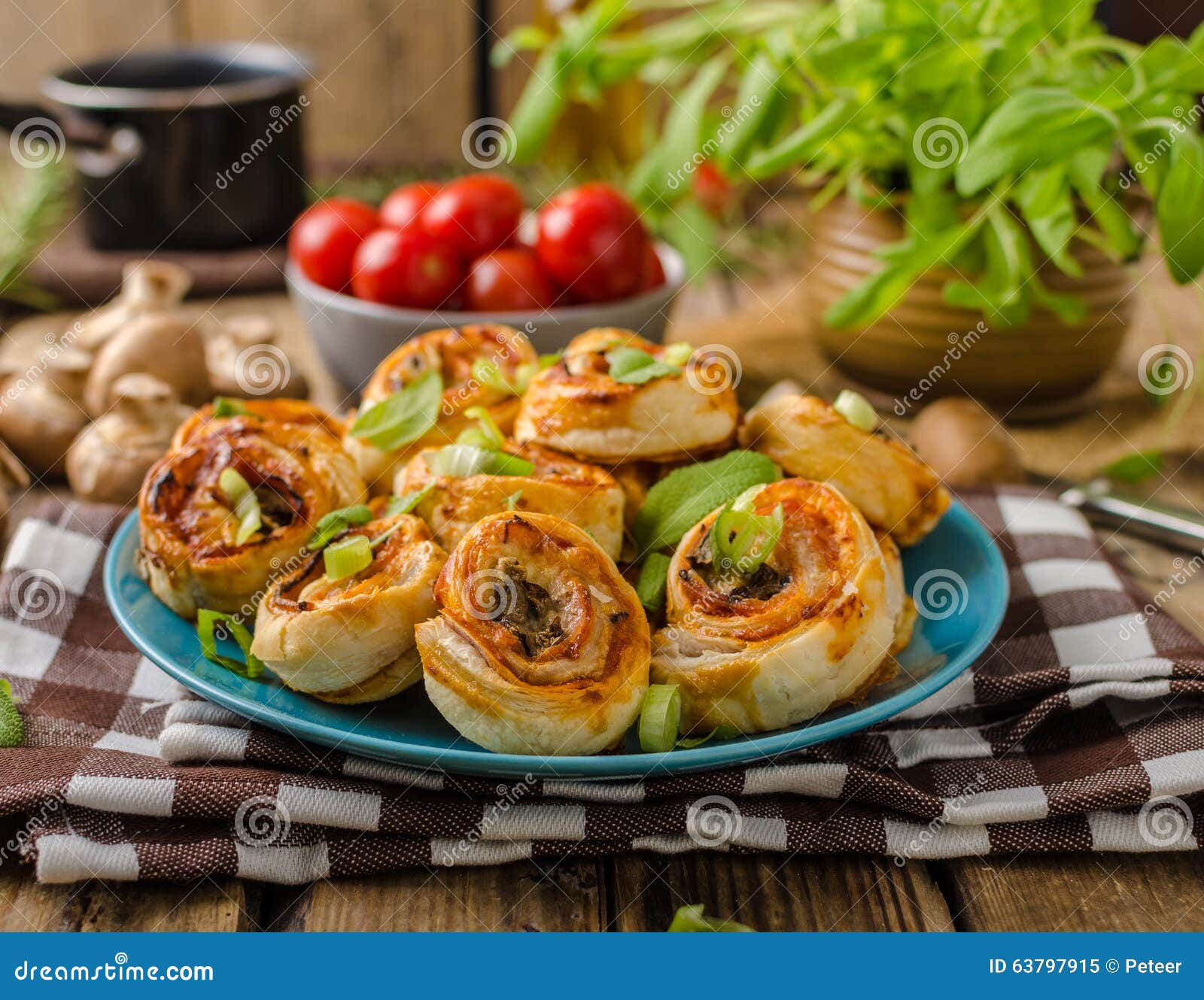 Pizza snails puff pastry stock image. Image of green - 63797915