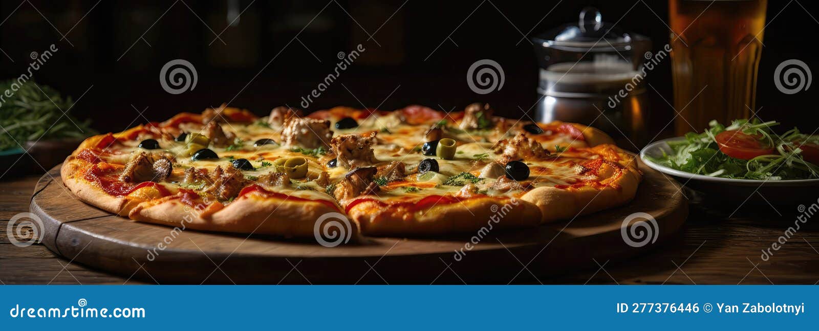 Pizza on Stone Rustic Pub Wide Panoramic. Generative AI Stock ...