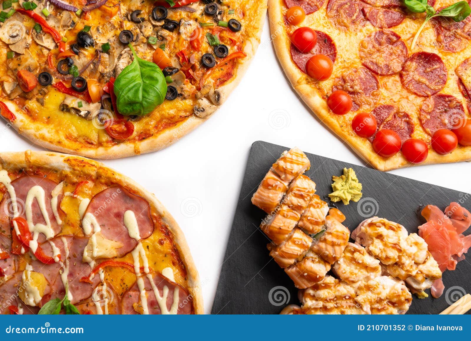 Pizza and Sushi Rolls for Menu Stock Photo - Image of leaf, delivery ...