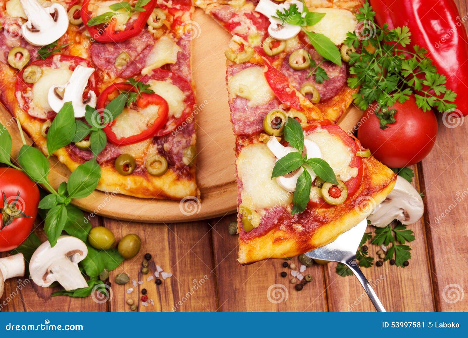 Pizza on table stock image. Image of mushroom, pizza - 53997581