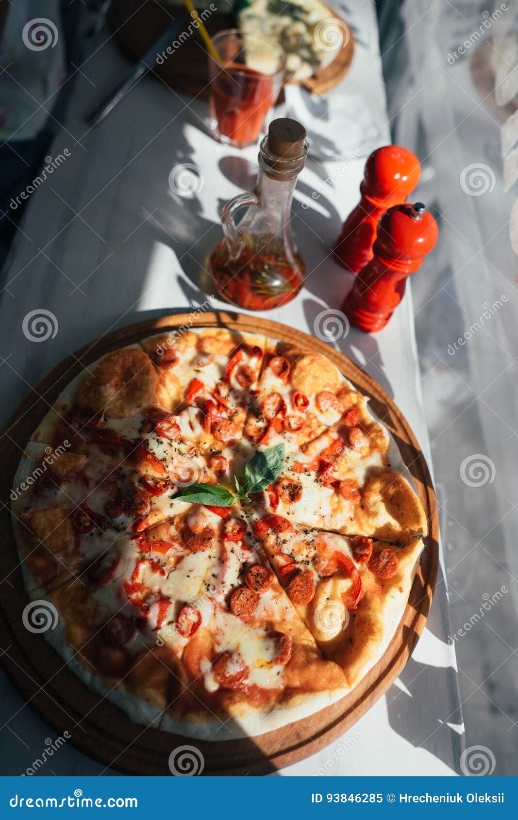 Pizza on the table stock image. Image of pepper, tomato - 93846285