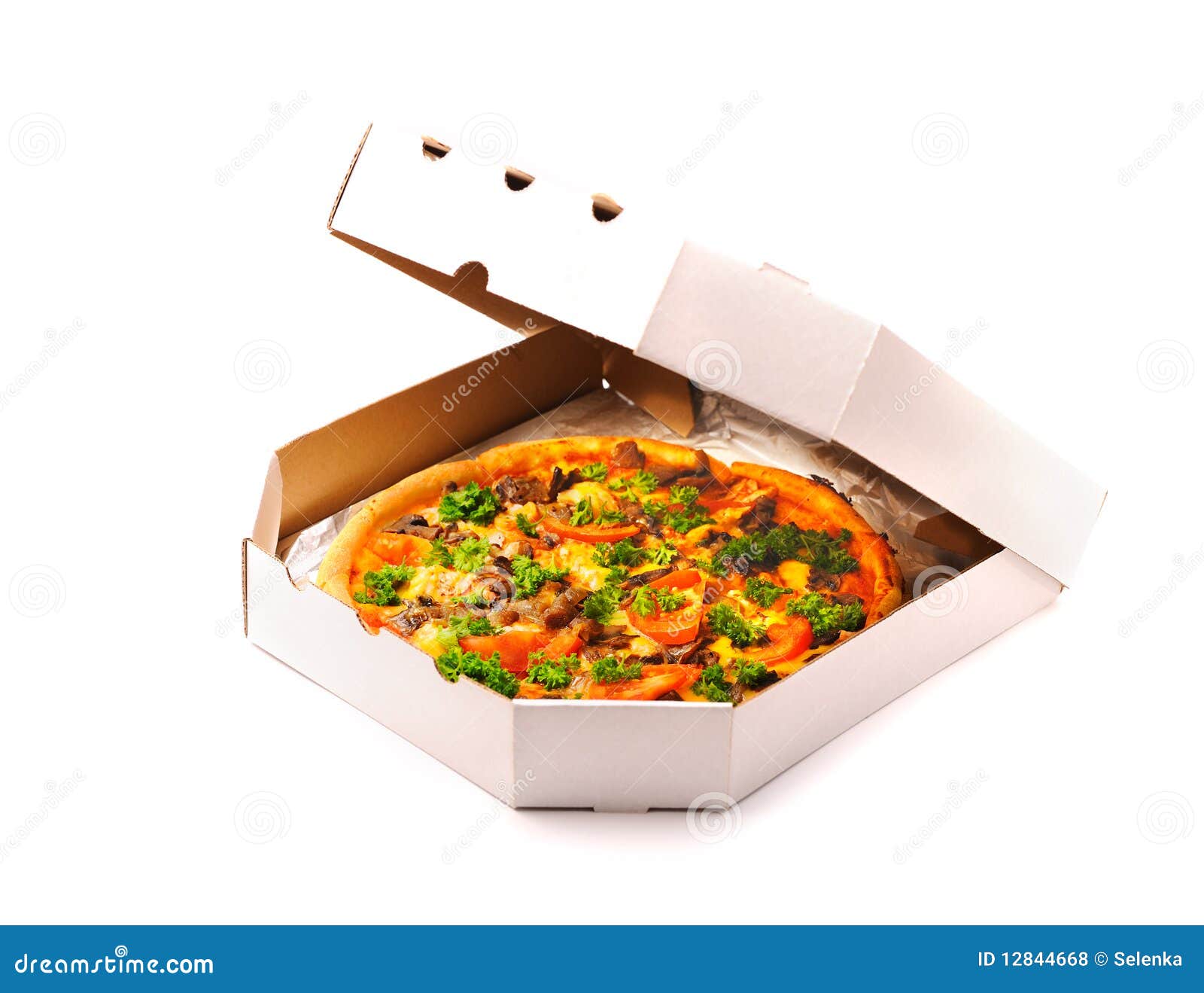 Pizza in a takeaway box stock photo. Image of sauce, isolated - 12844668