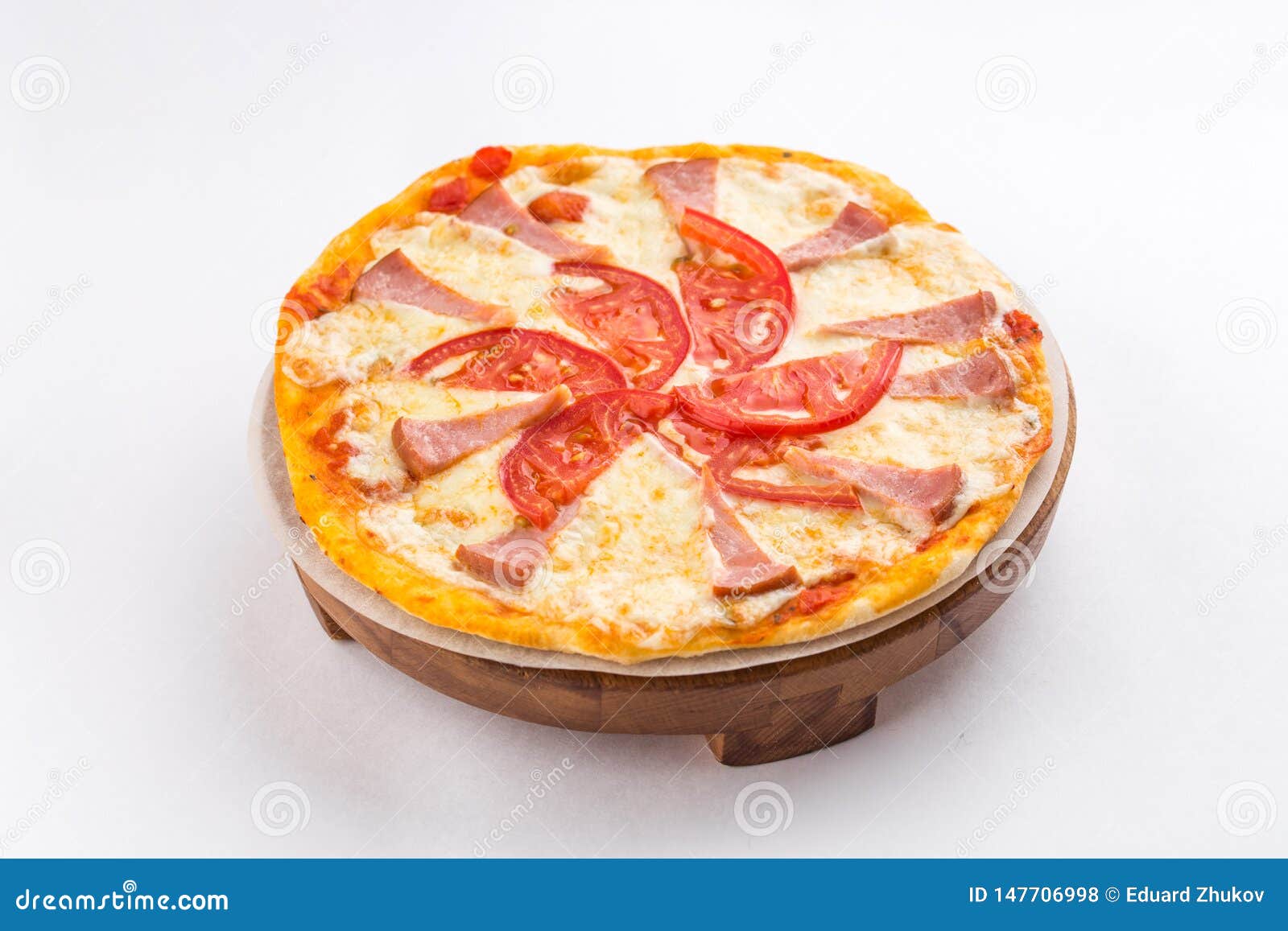 Pizza with Tomatoes and Ham Isolated on White Background Stock Photo ...
