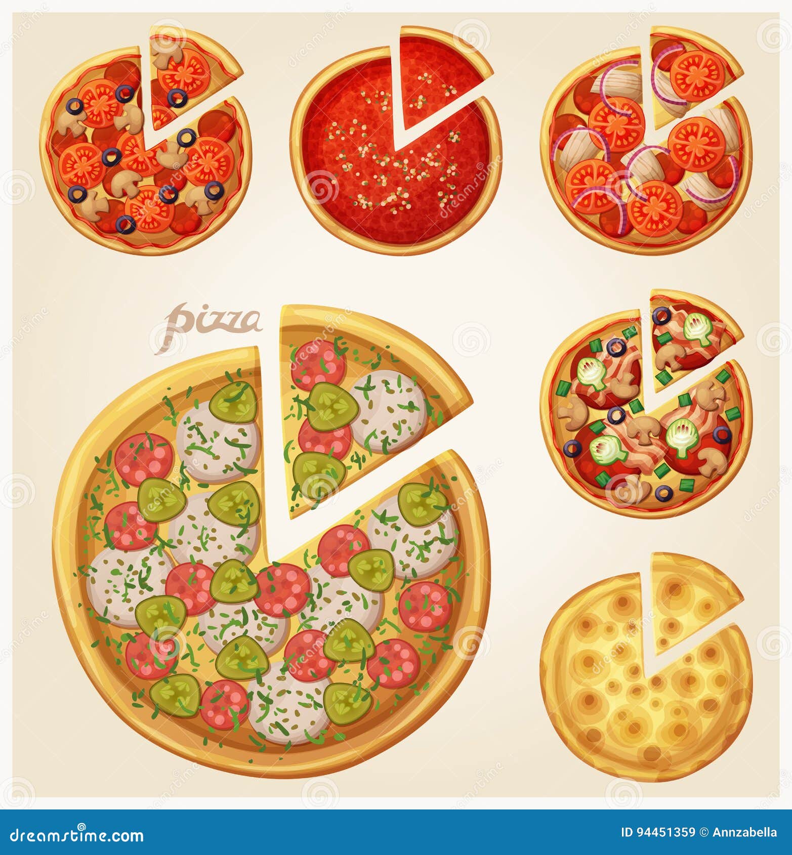 Pizza top view set stock vector. Illustration of olive - 94451359