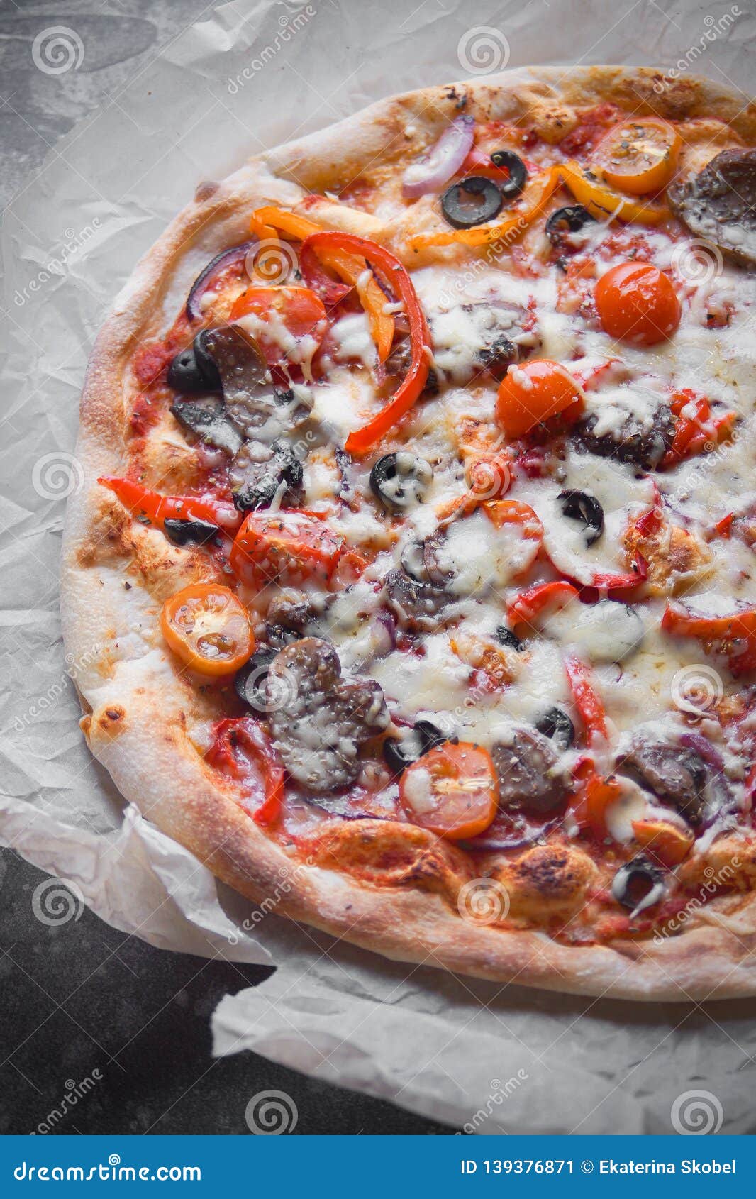 Pizza with Vegetables on a Dark Background Stock Image - Image of ...