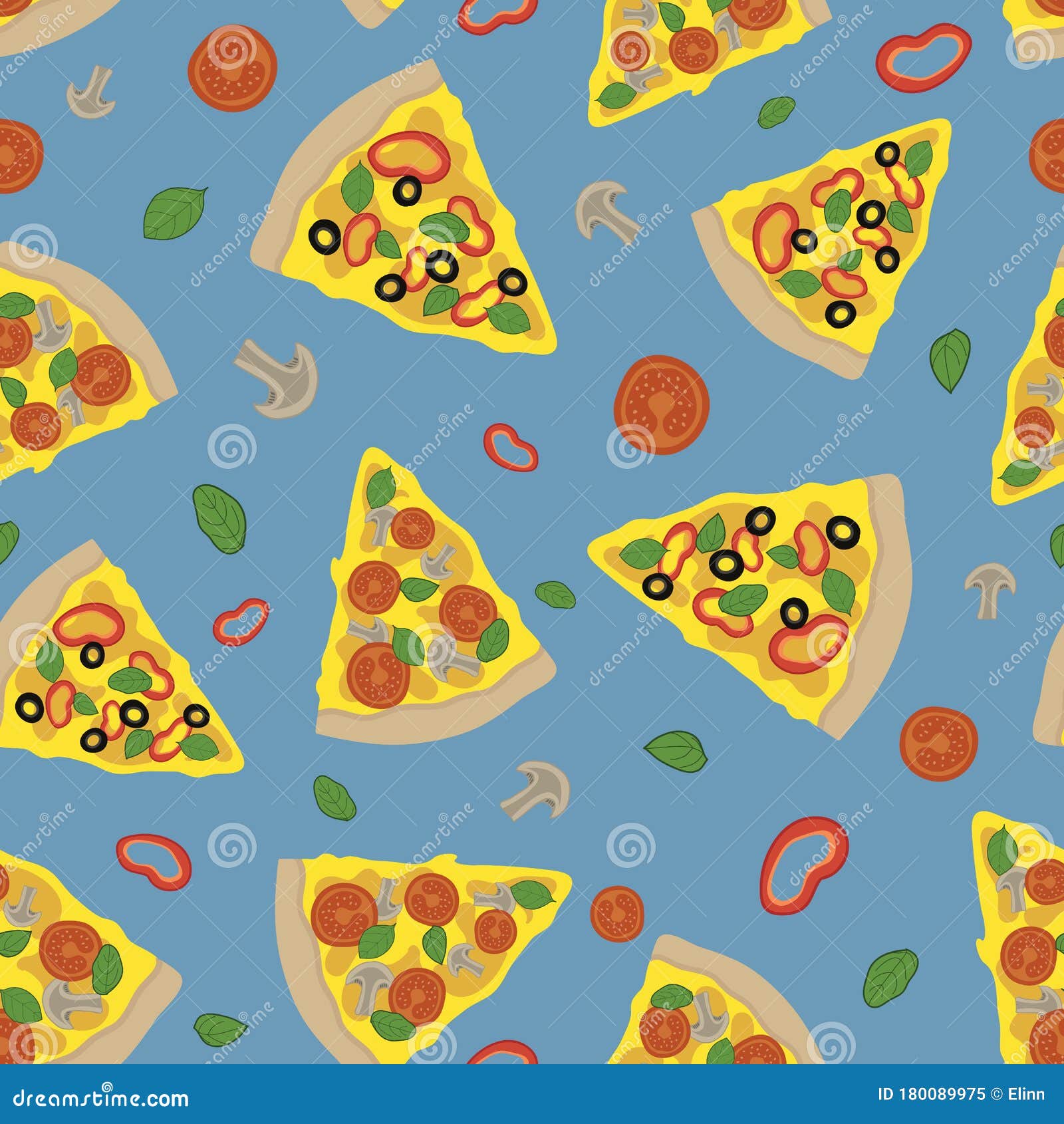 Pizza with Vegetables Seamless Pattern on Blue Background Stock Vector ...