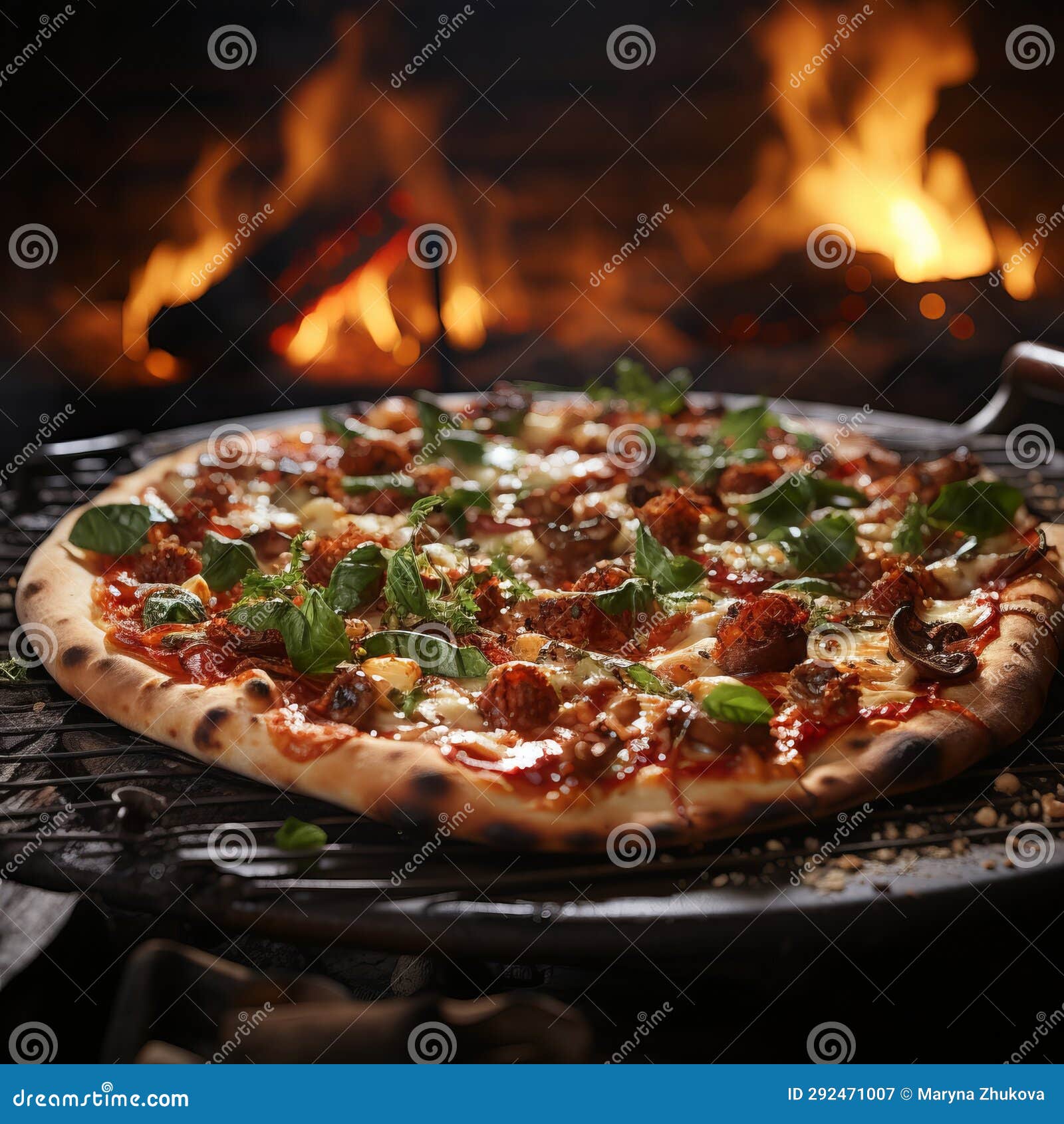 Pizza in a Wood-burning Oven. Cooking Over an Open Fire Stock ...