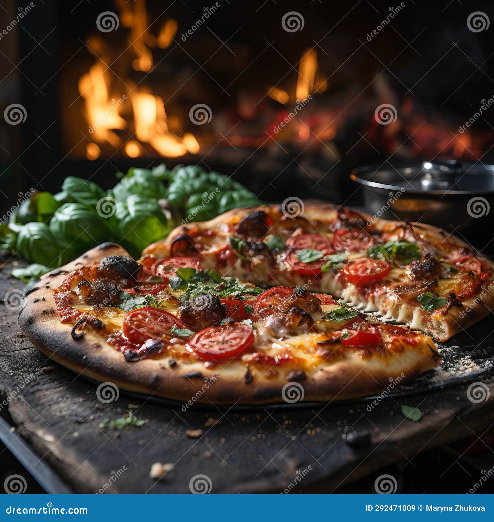 Pizza in a Wood-burning Oven. Cooking Over an Open Fire Stock ...