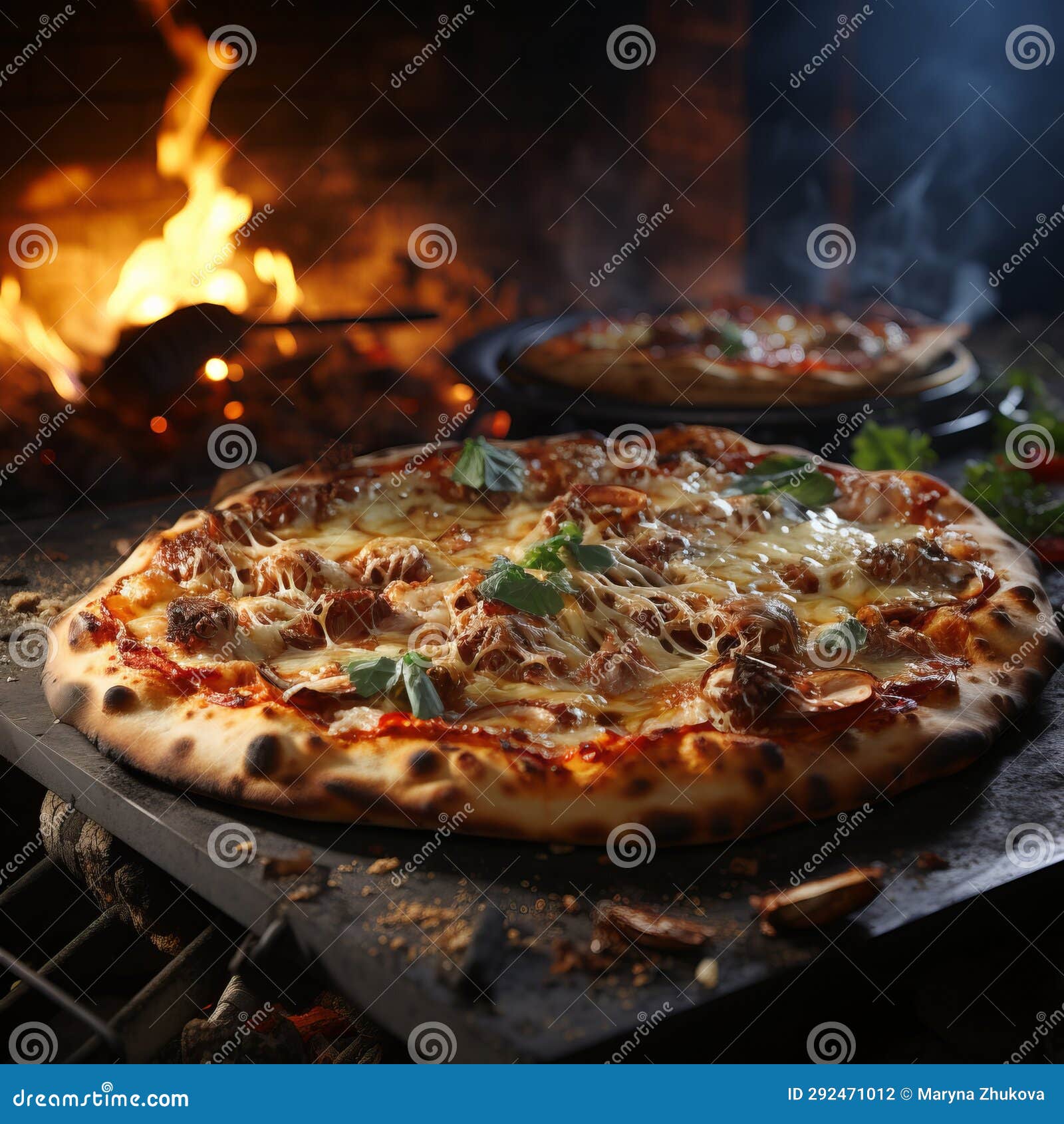Pizza in a Wood-burning Oven. Cooking Over an Open Fire Stock ...
