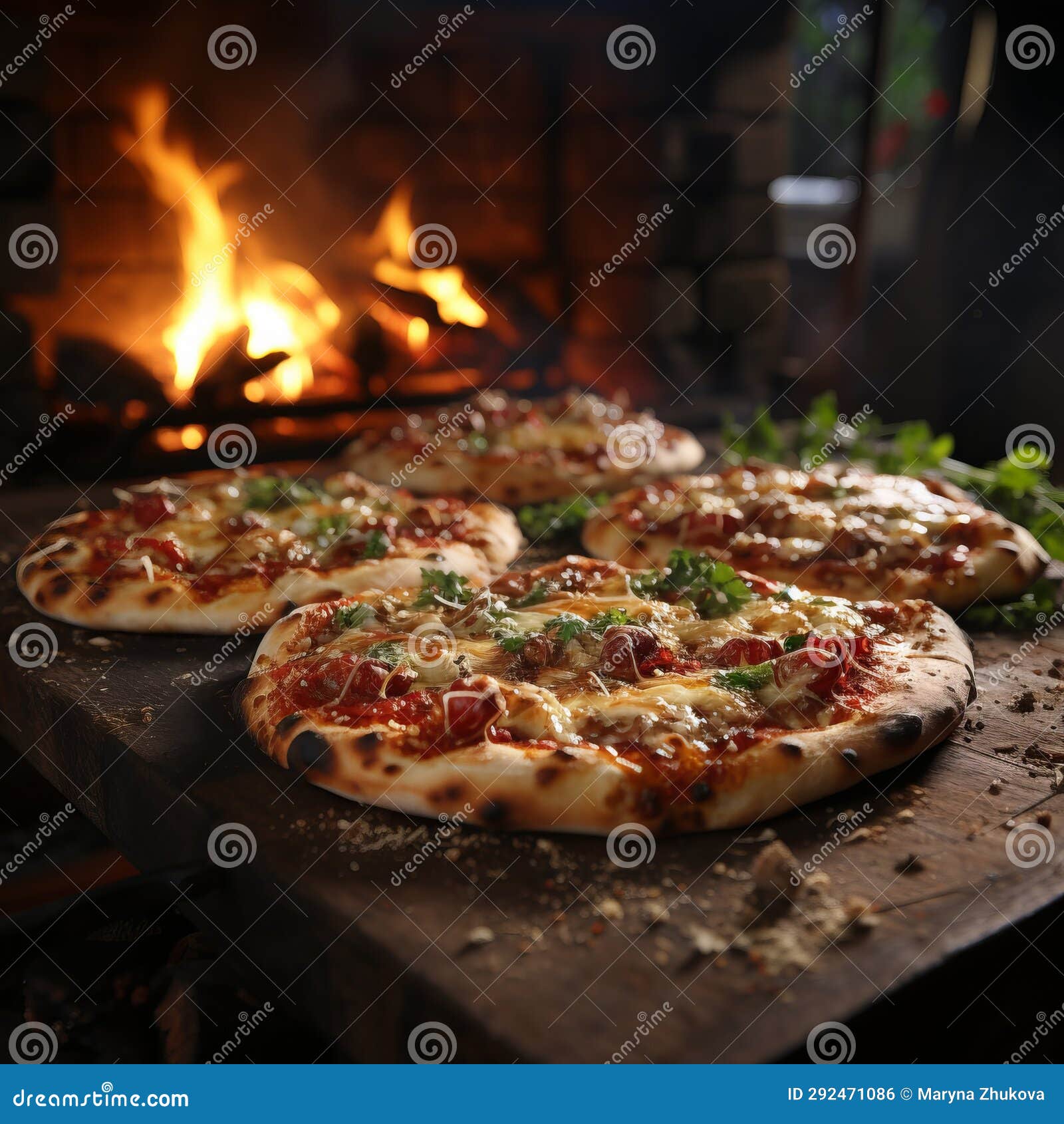 Pizza in a Wood-burning Oven. Cooking Over an Open Fire Stock ...