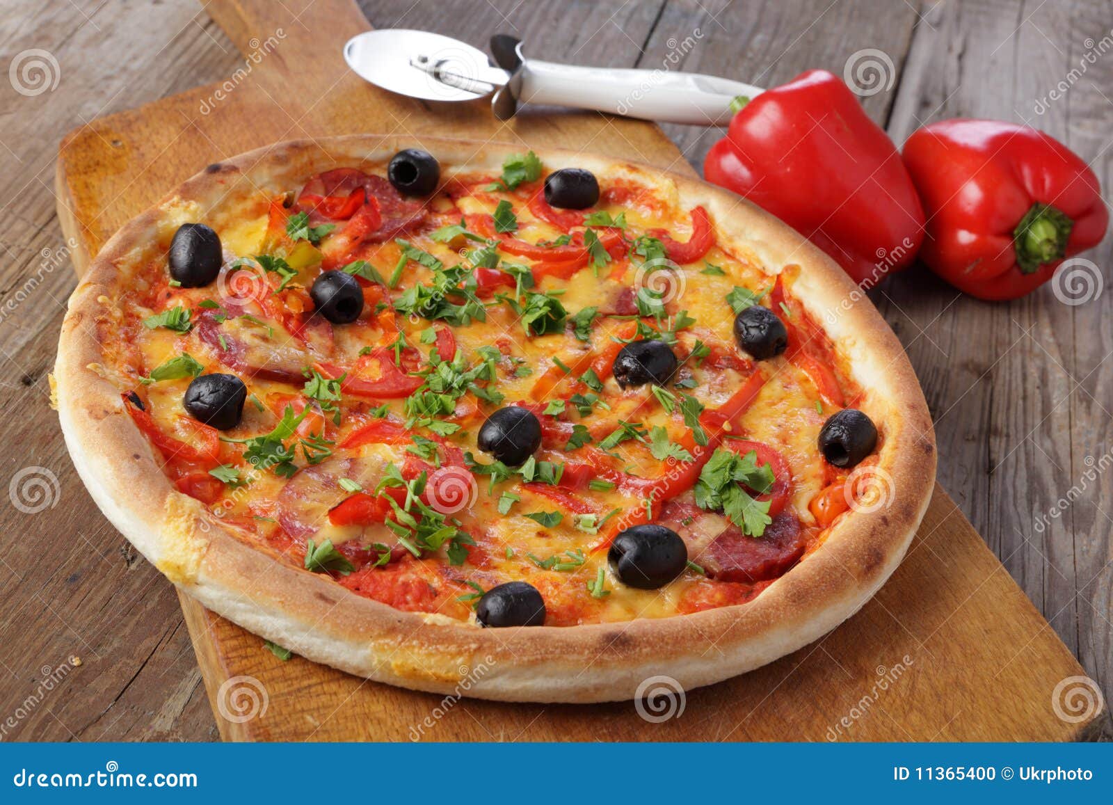 Pizza on wooden table stock photo. Image of pizza, table - 11365400