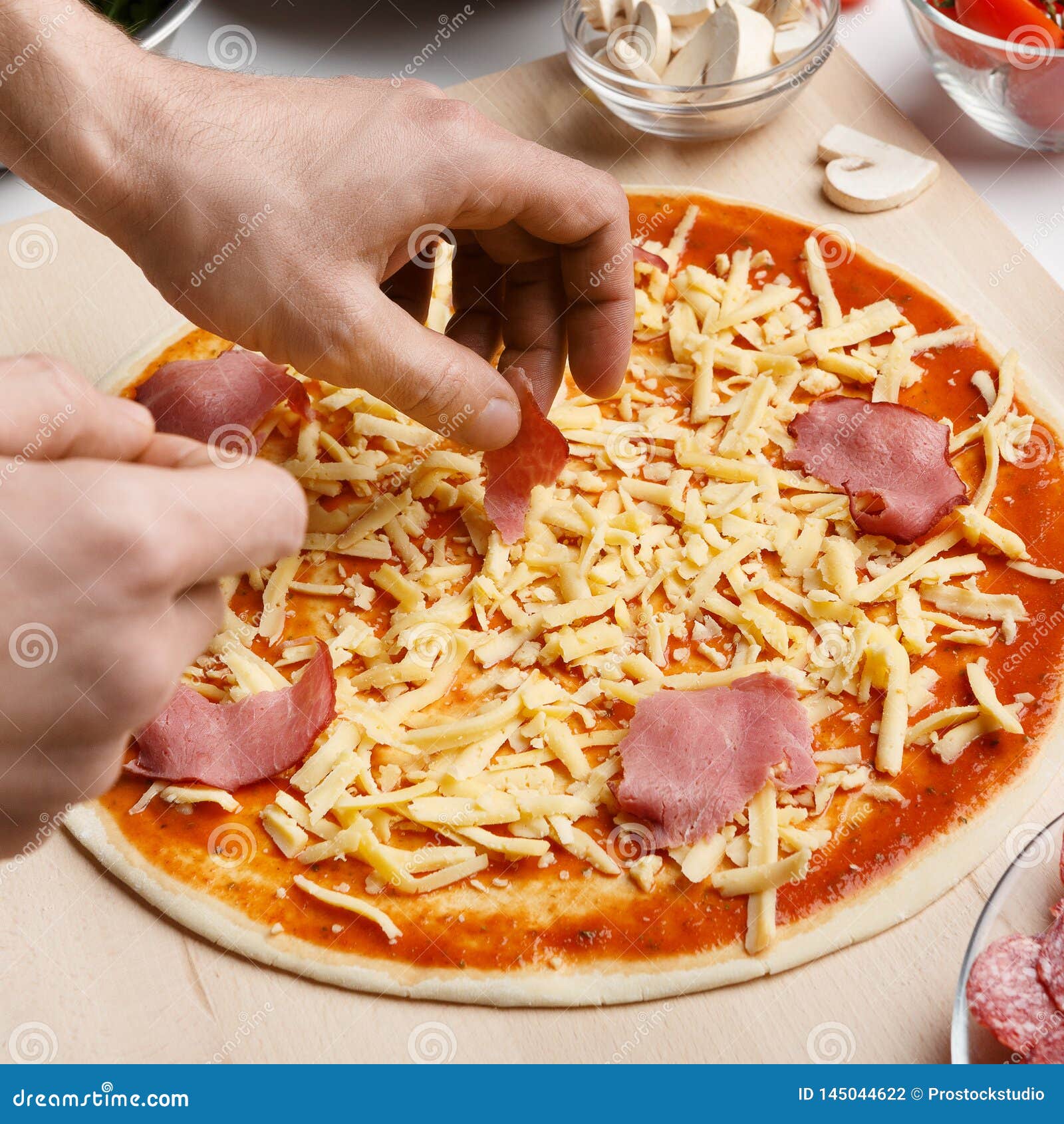 Pizzaiolo Adding Ham on Pizza Base with Cheese Stock Photo - Image of ...