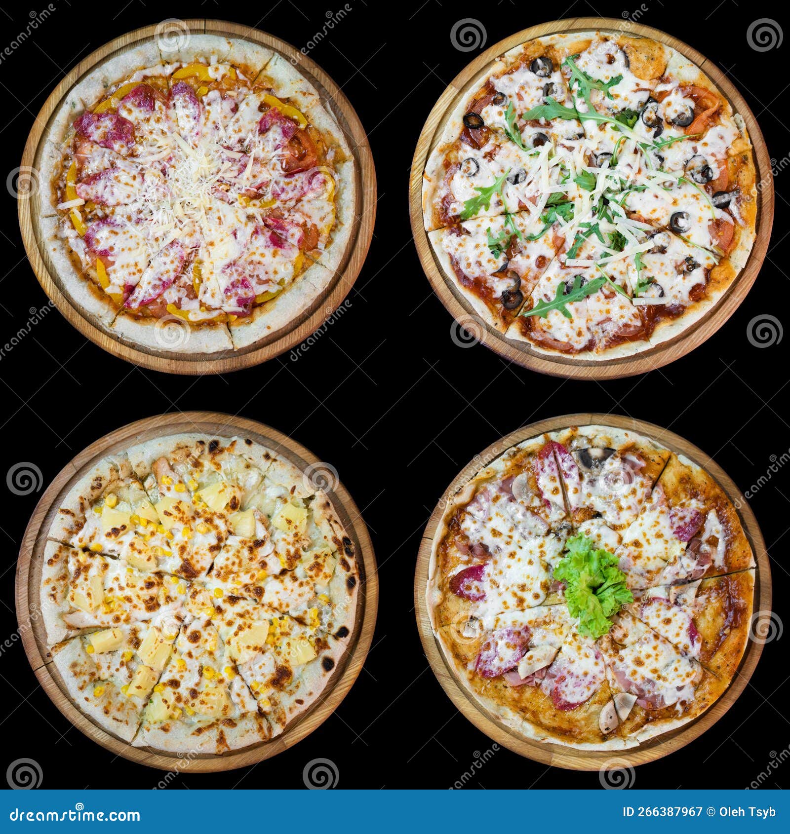 4 Pizzas Top View on Black Background Stock Image - Image of cooked ...
