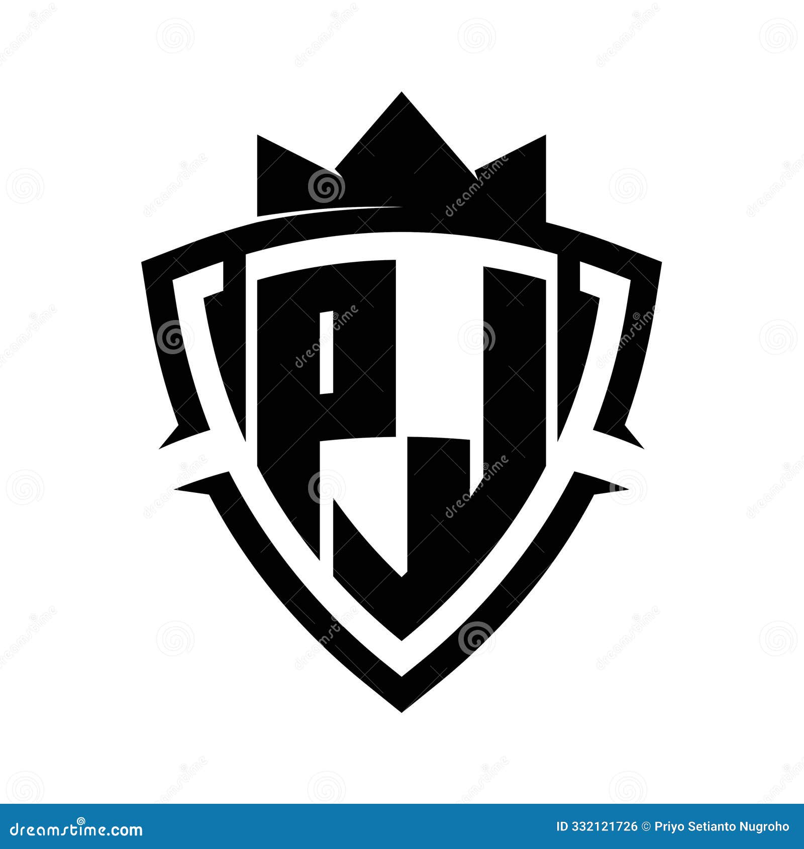 PJ Letter Bold Monogram Triangle Curve Shield Shape with Crown Black ...