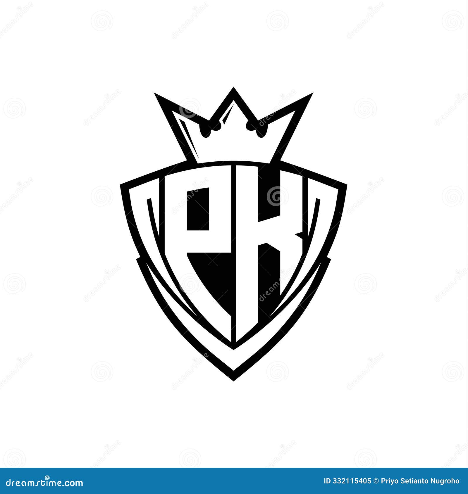 PK Letter Logo with Sharp Triangle Shield Shape with Crown Inside White ...