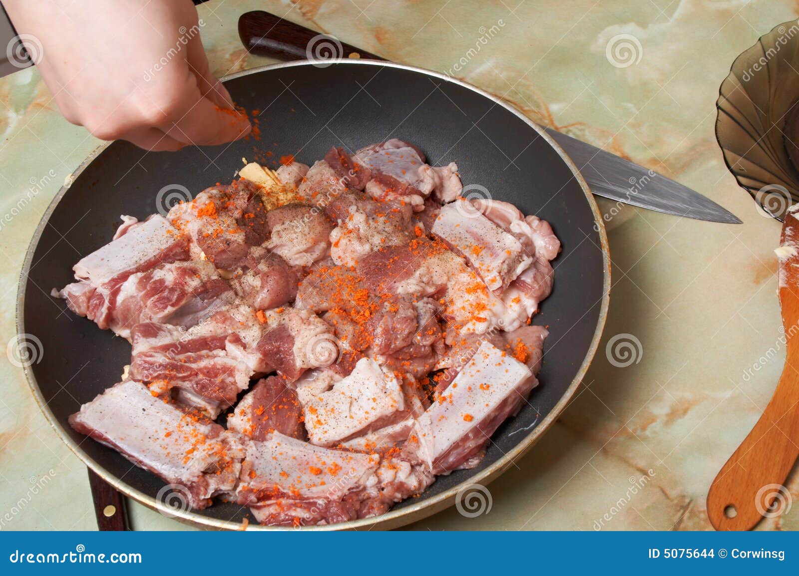 Place Meat Pieces in Frying Pan Add Red Papper Stock Photo - Image of ...