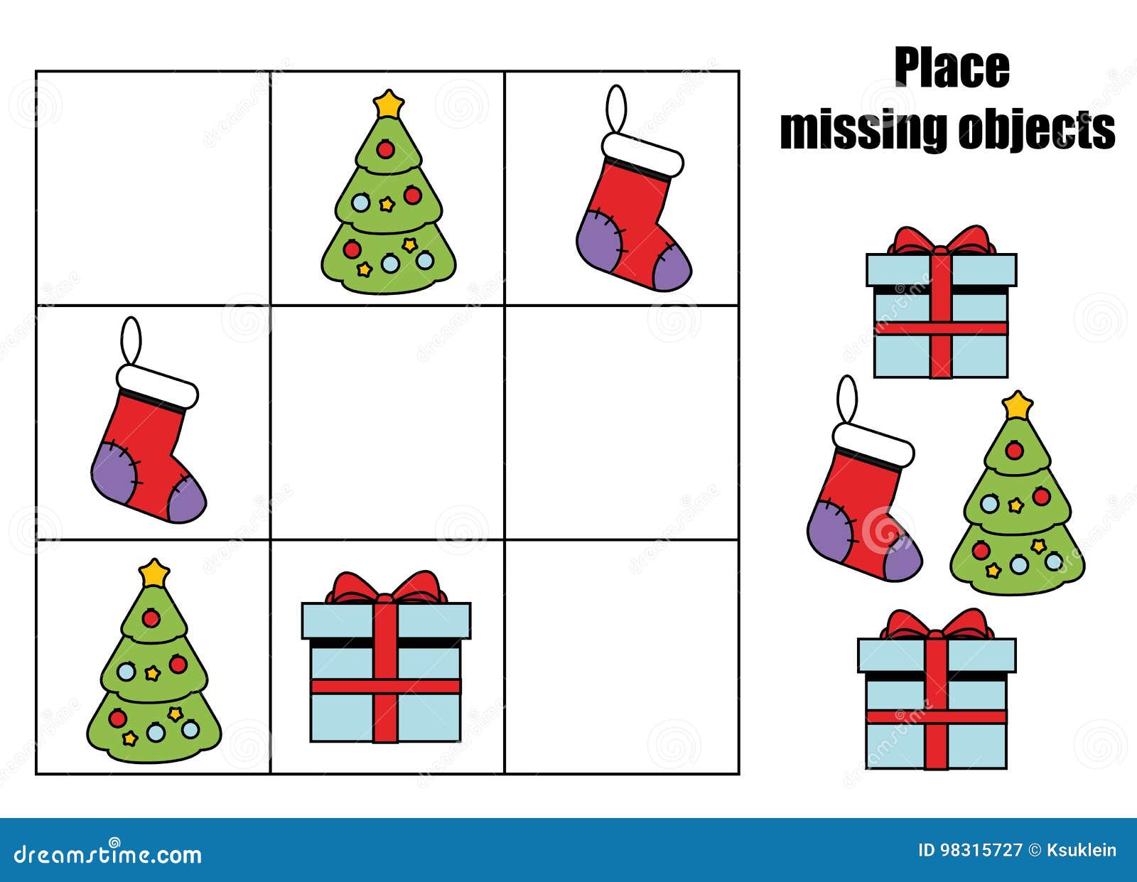 Place Missing Objects in Grid. Kids Activity Sheet Stock Vector ...