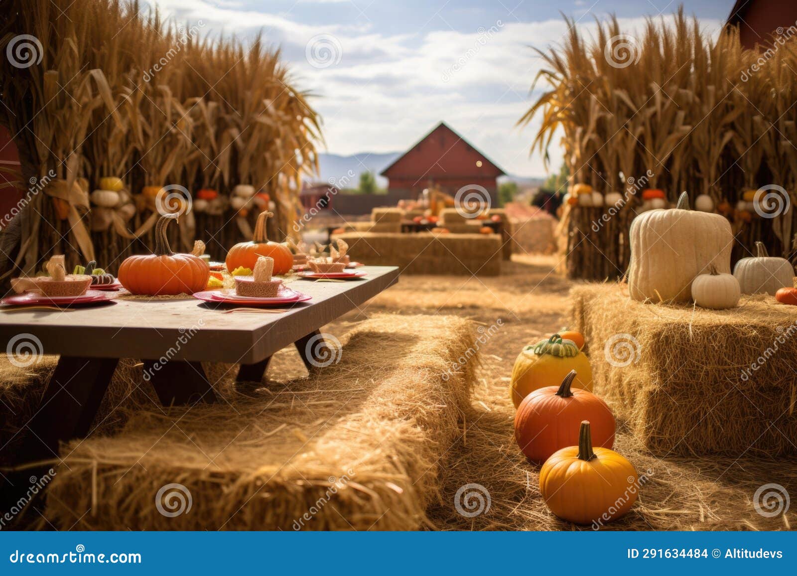 Place-setting with Hay Bales and Corn Maze Backdrop Stock Photo - Image ...