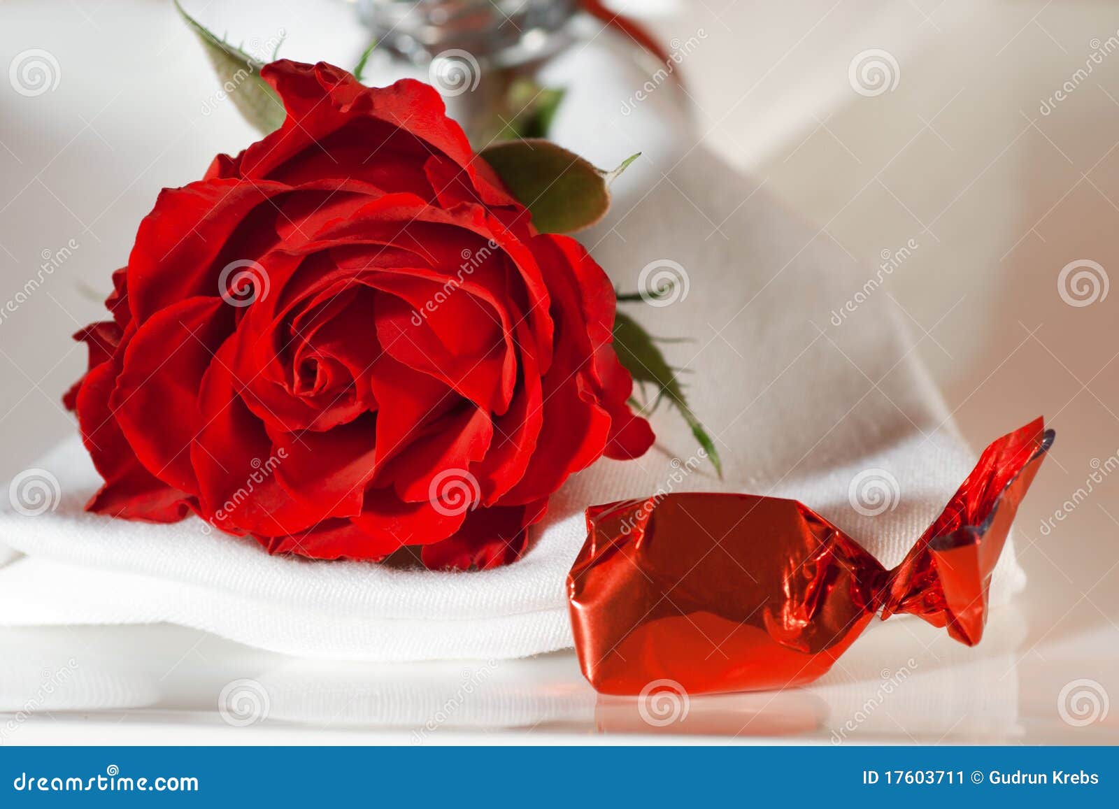 Place Setting with a Rose and Candy Stock Image - Image of napkin, menu ...