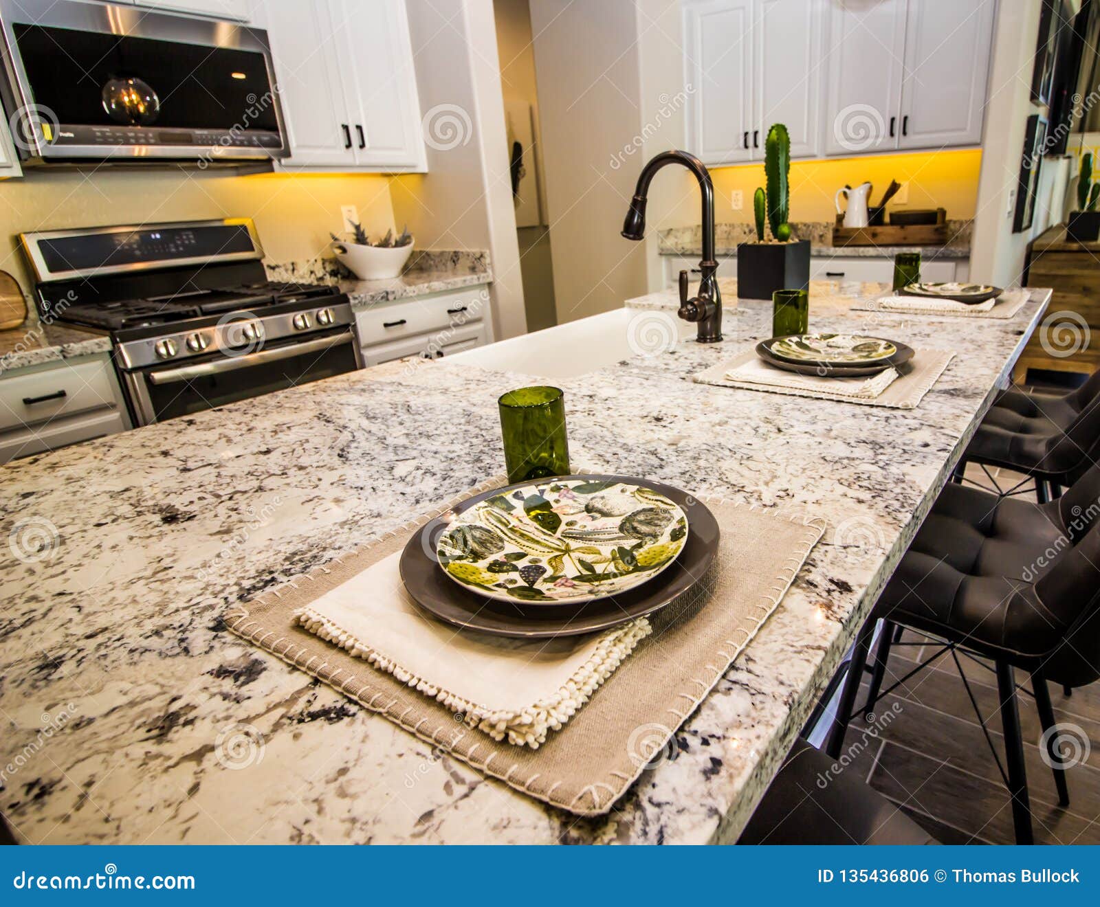 Place Settings on Modern Granite Counter Kitchen Stock Photo - Image of ...