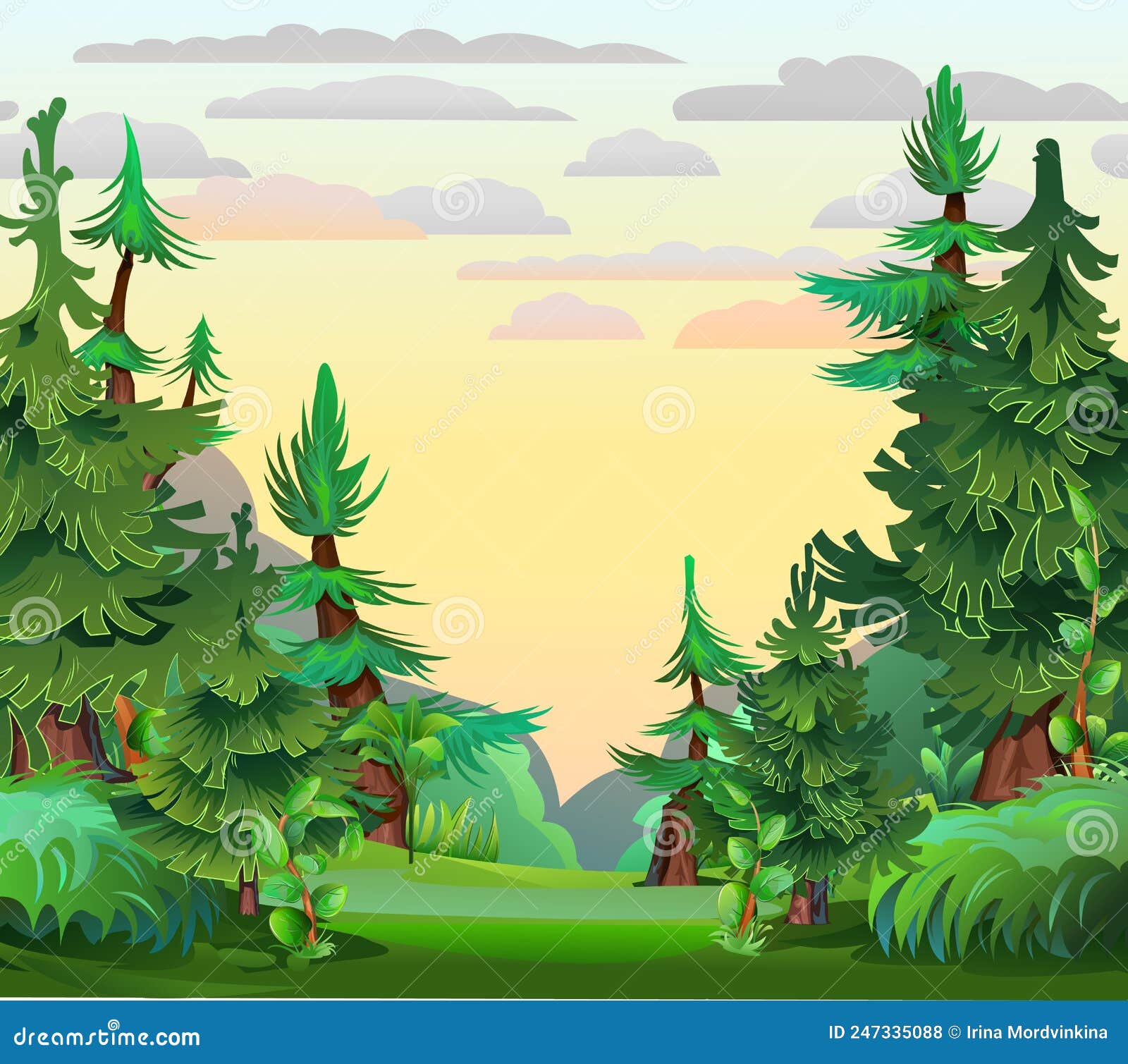 Place among Thickets Pine Forest. Coniferous Spruce Trees. Landscape ...