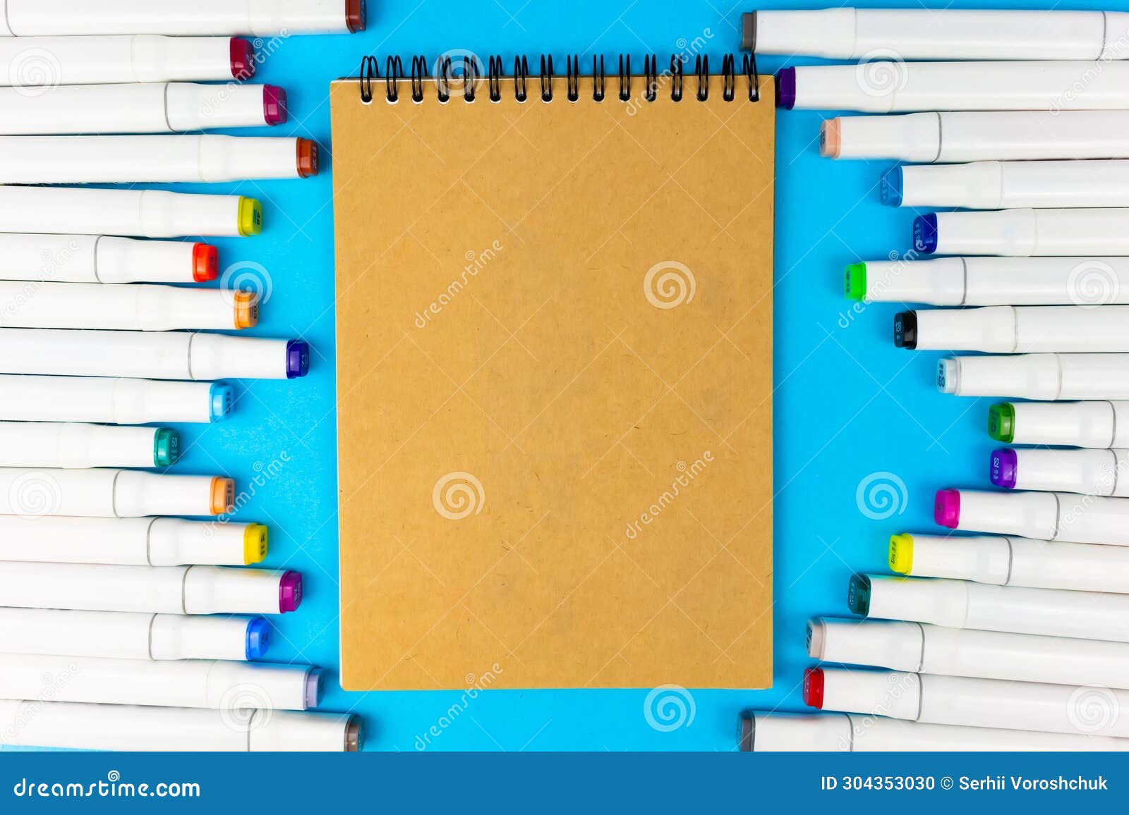 Place for Writing on a Yellow Notepad. White Markers on a Blue ...