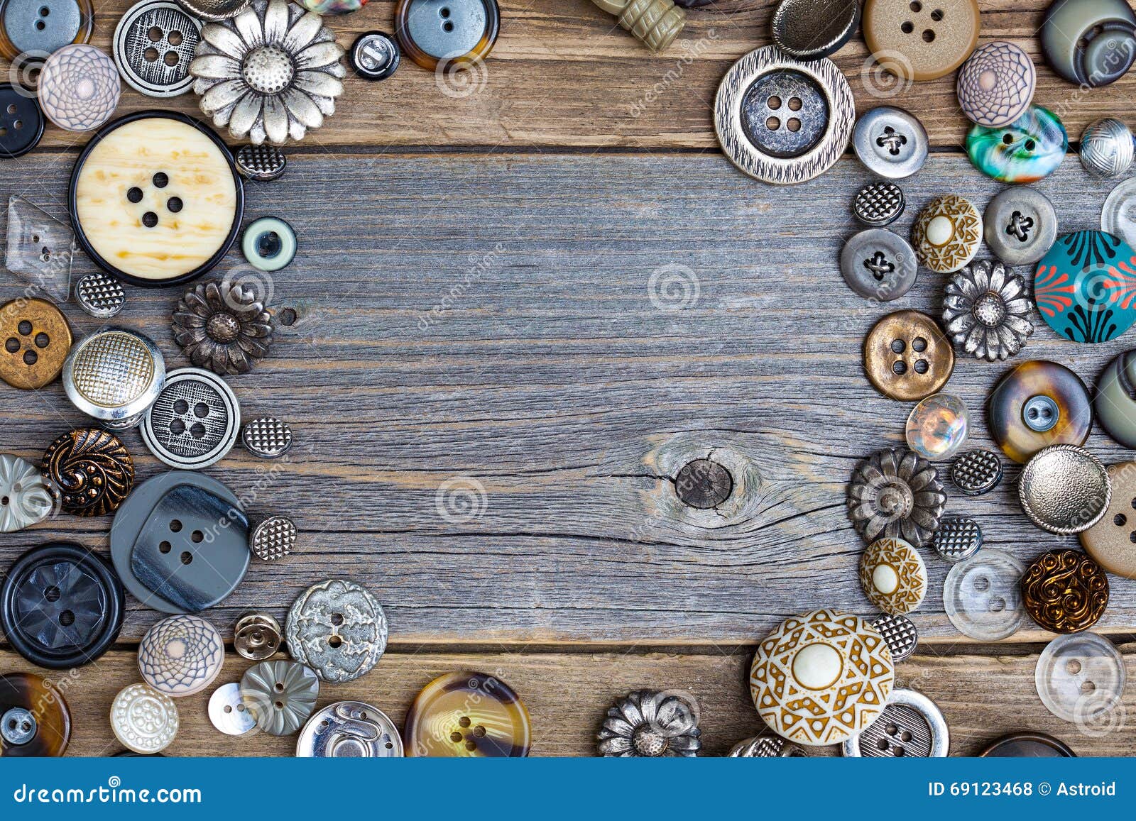 Placer of Vintage Buttons with Copy Space on Textured Old Boards Stock ...