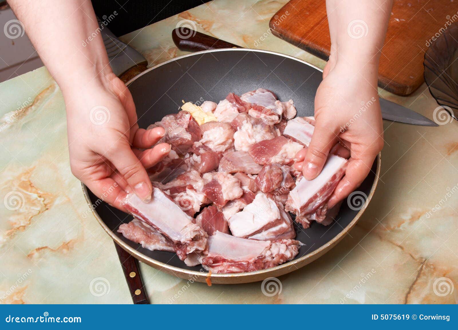 Placing Meat Pieces In Frying Pan. Stock Image - Image of protein ...