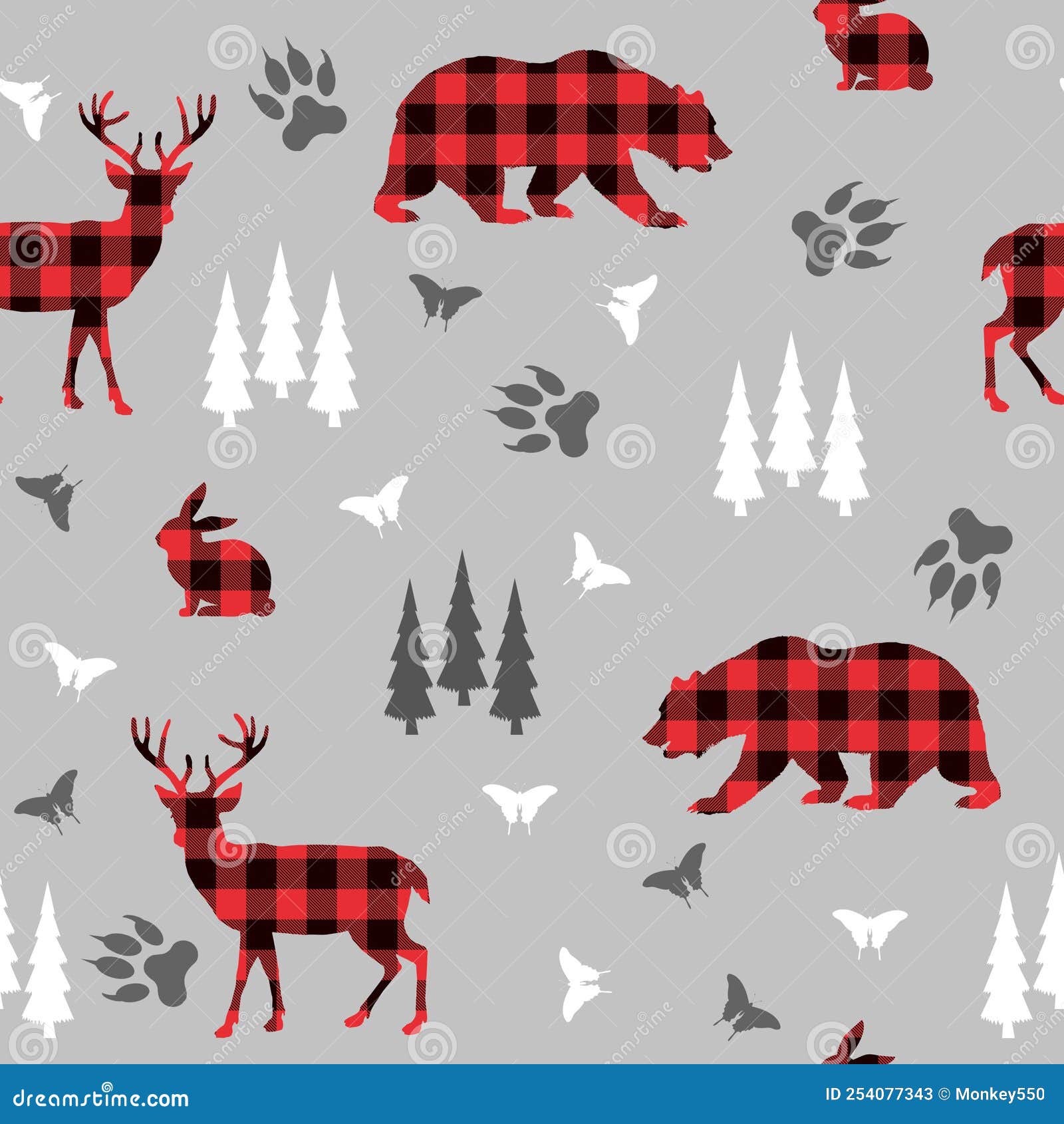 Plaid Forest Animals on a Grey Background Stock Illustration ...