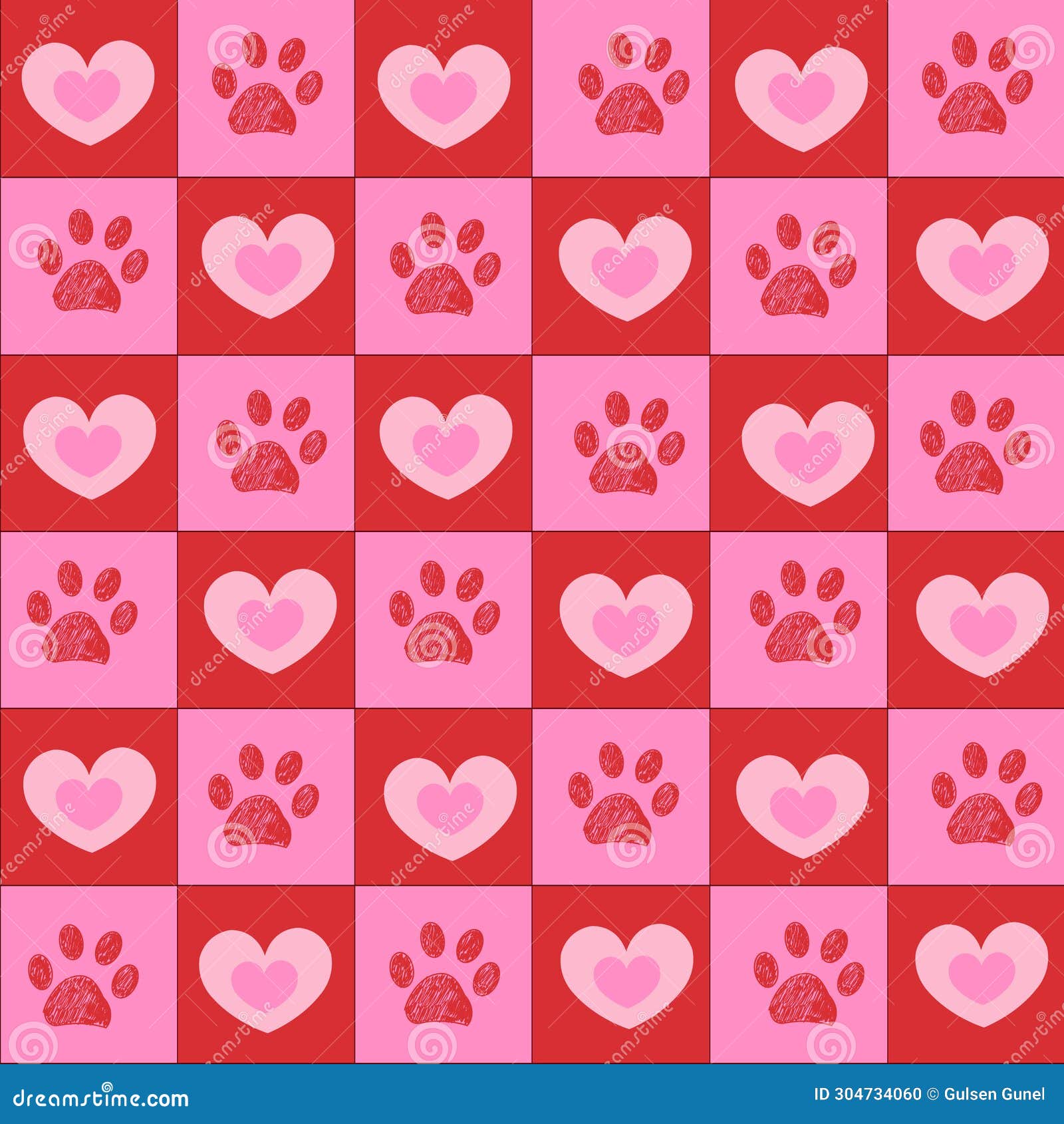 Plaid Pink and Red Hearts Pattern with Paw Prints Stock Illustration ...