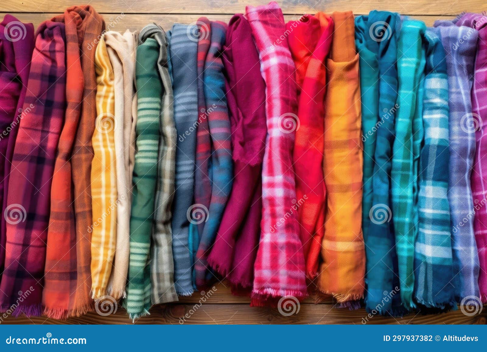 Plaid Scarves in Different Hues and Patterns Spread on the Floor Stock ...