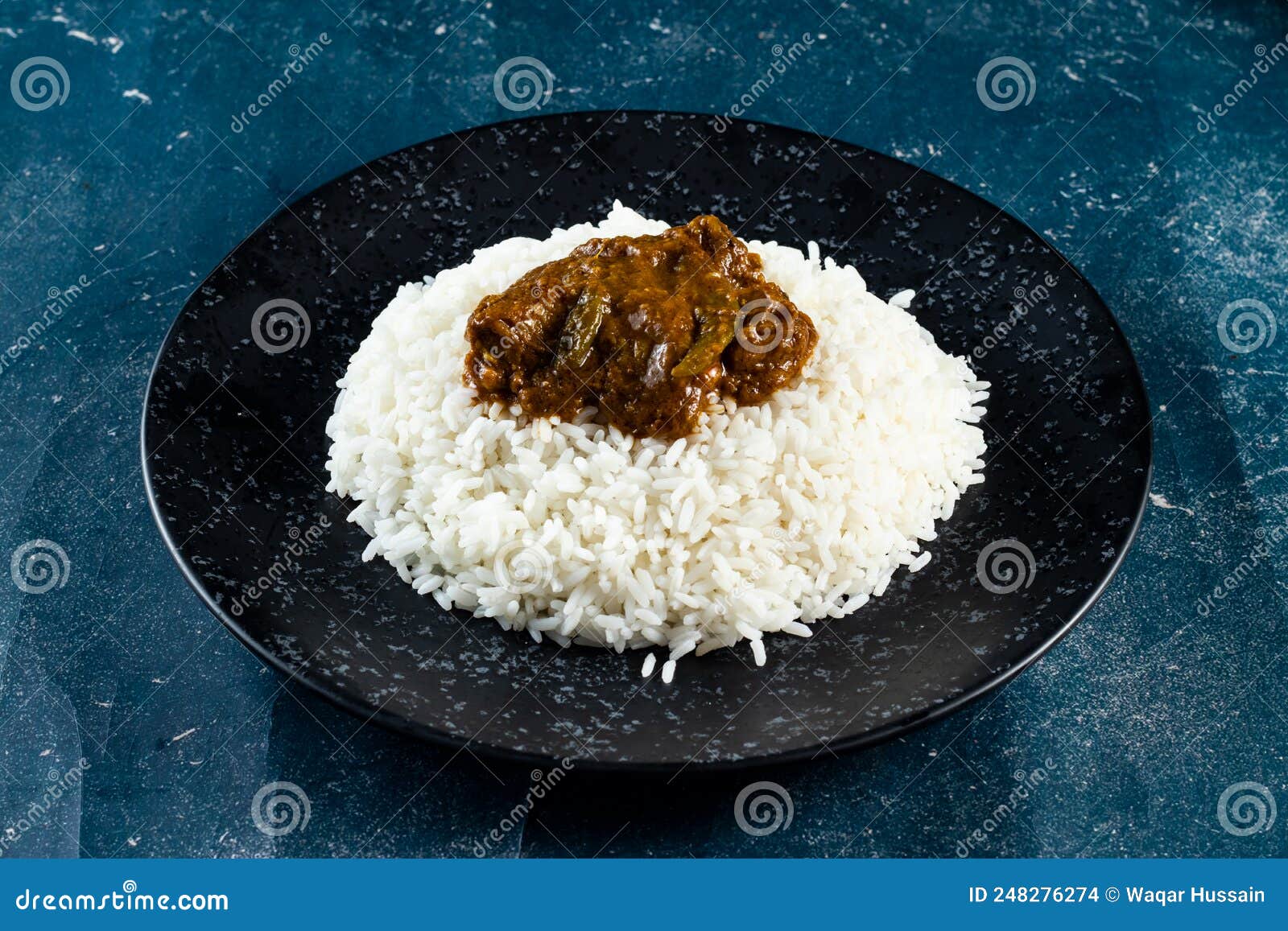 Plain Boiled Rice with Pickle in a Plate Top View on Marble Background ...