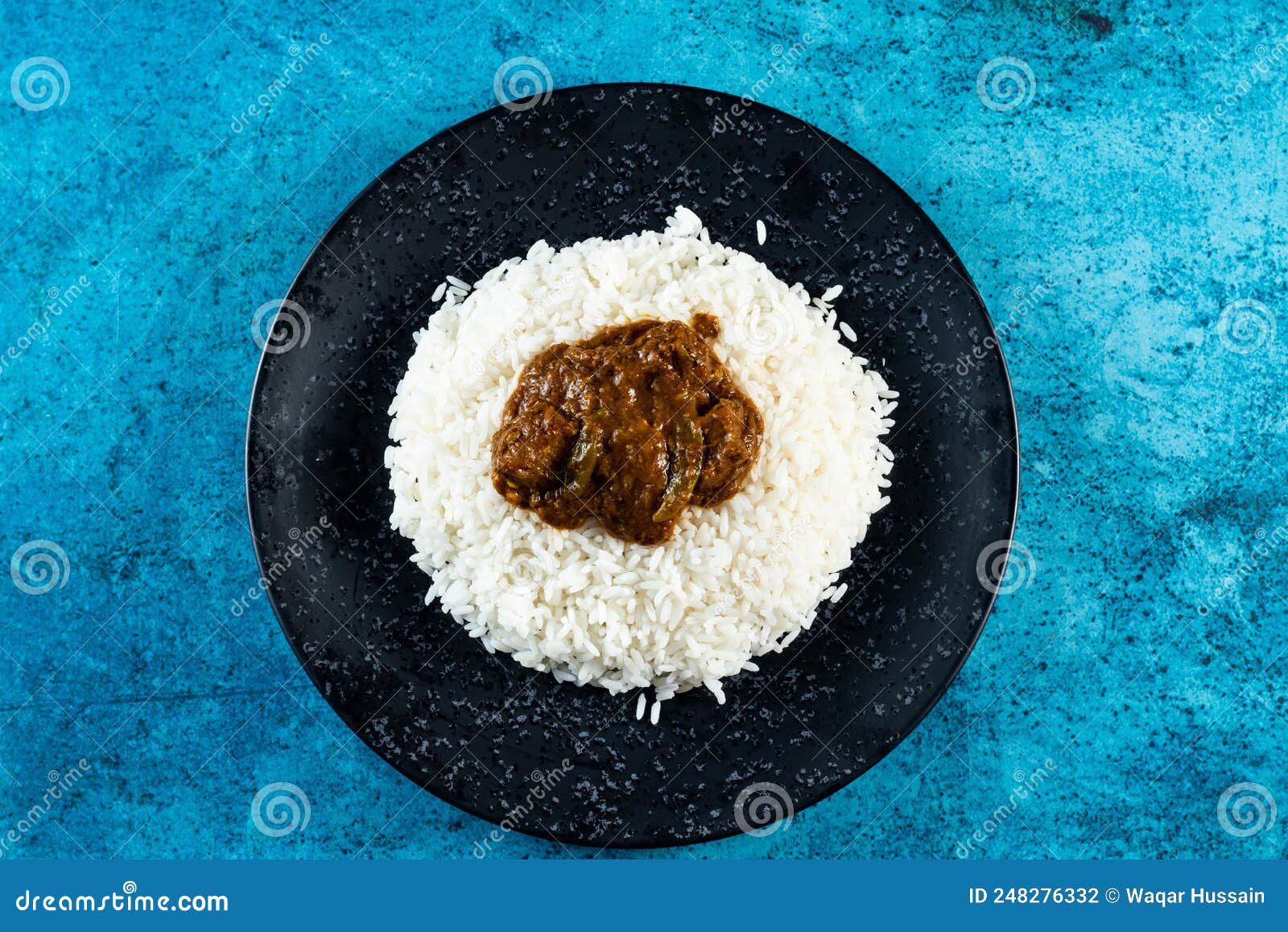 Plain Boiled Rice with Pickle in a Plate Top View on Marble Background ...