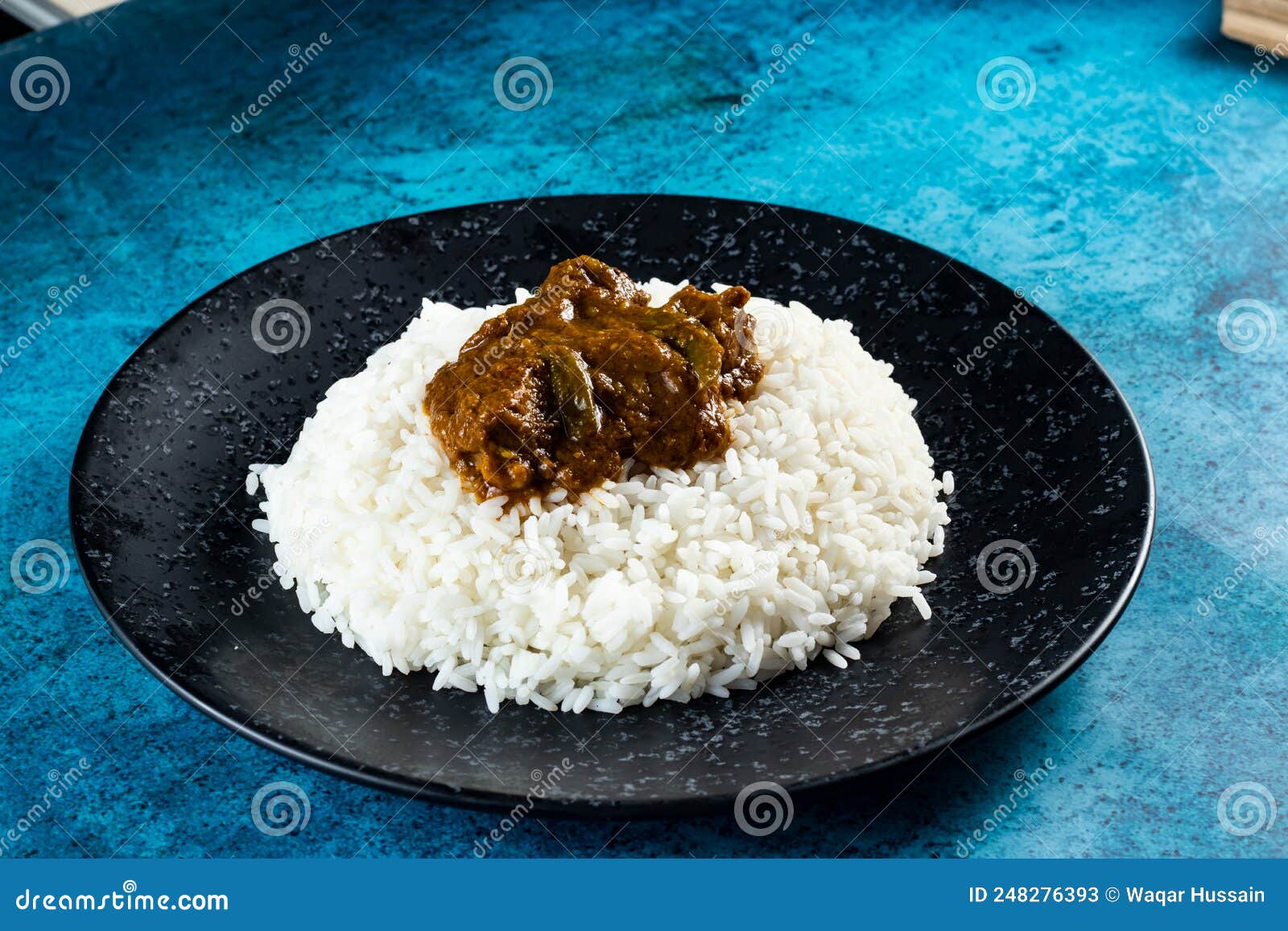 Plain Boiled Rice with Pickle in a Plate Top View on Marble Background ...