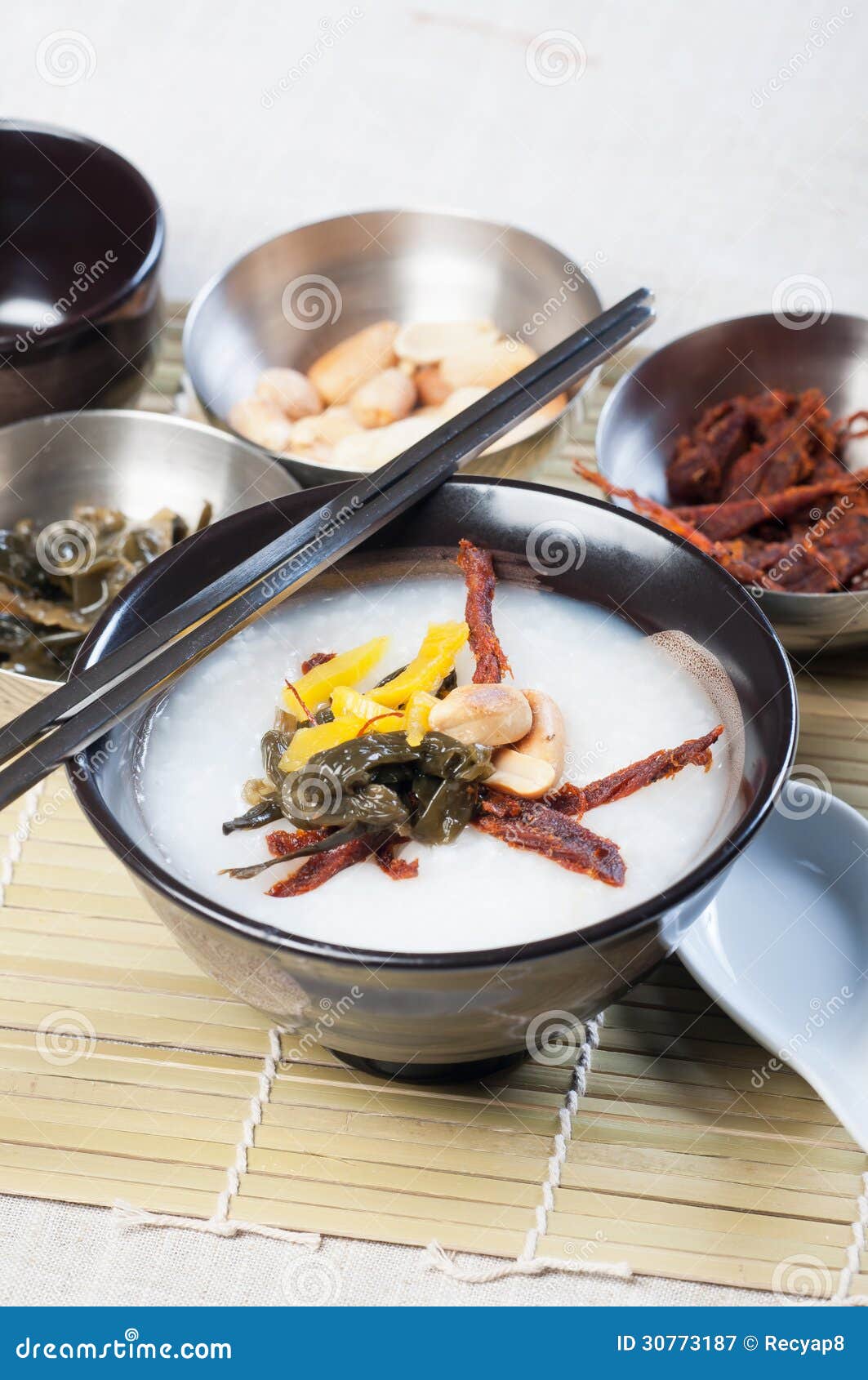 Plain Congee with Their Toppings Stock Image - Image of meat, breakfast ...