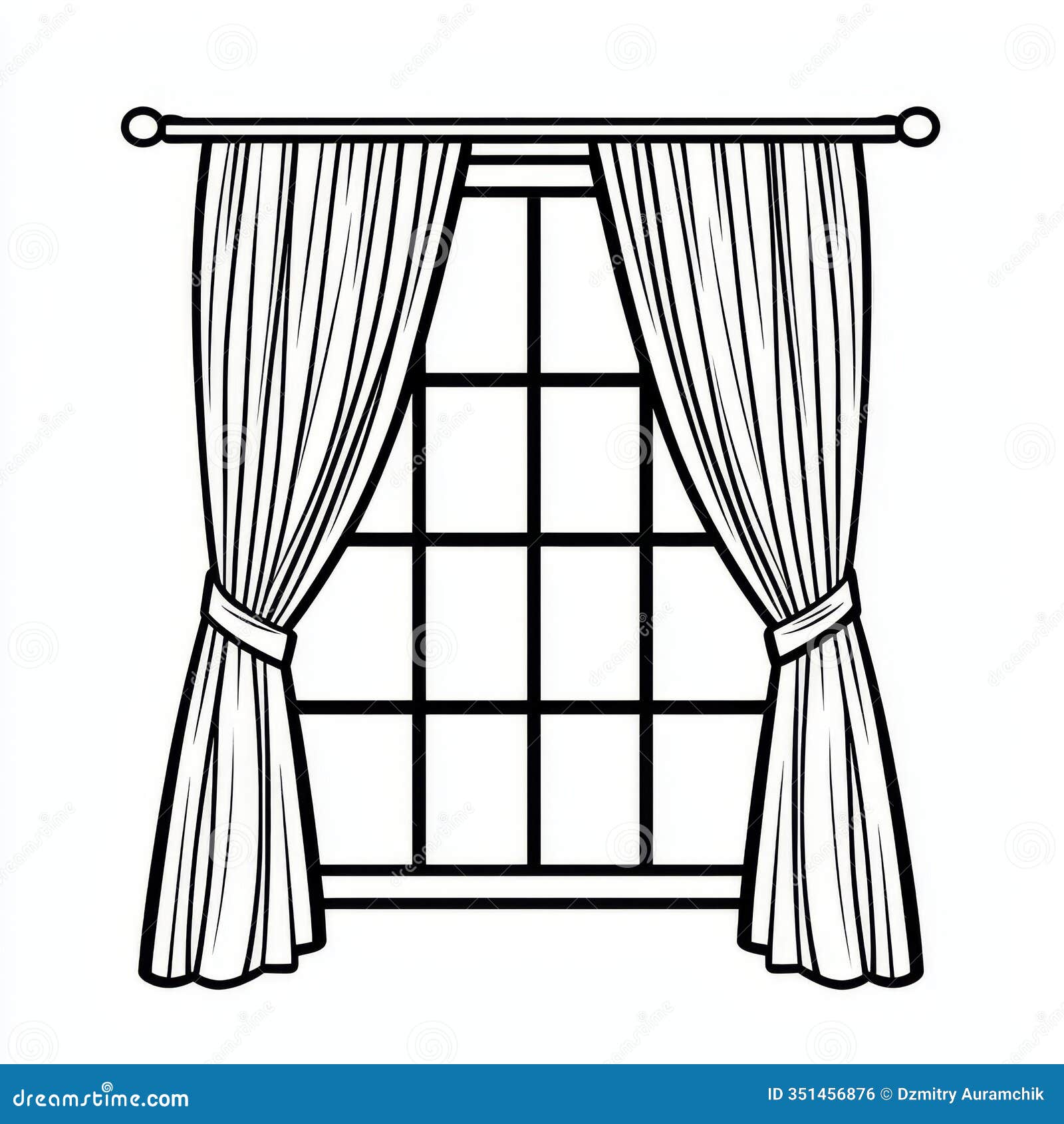 A Plain Line Drawing of a Window Adorned with Elegant Drapes, Pulled ...