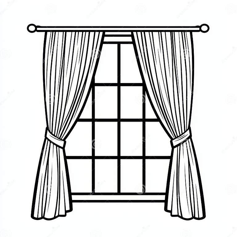 A Plain Line Drawing of a Window Adorned with Elegant Drapes, Pulled ...