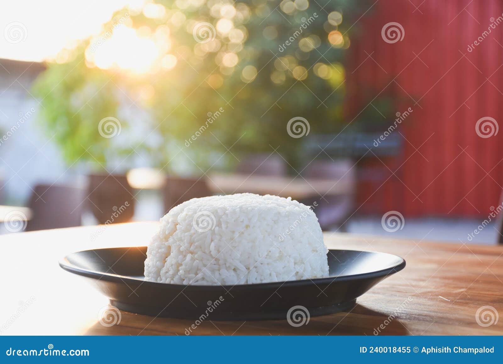 Plain Rice on a Black Plate on the Table Stock Image - Image of cooking ...