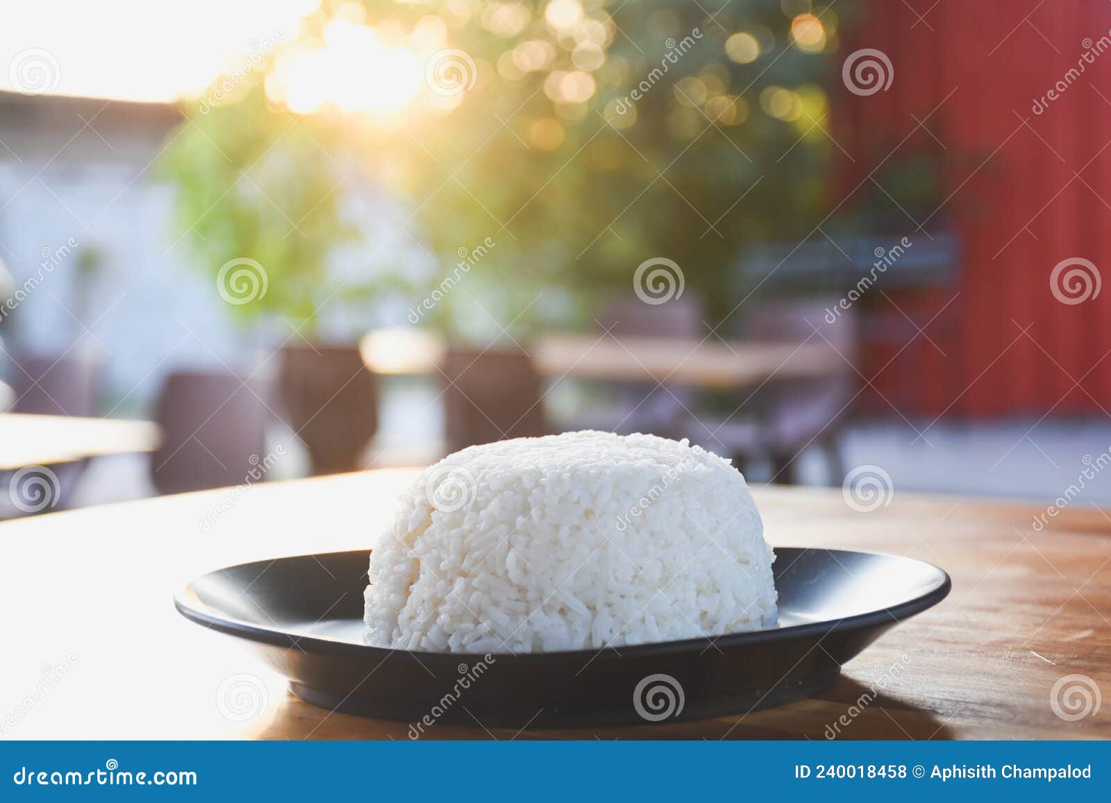 Plain Rice on a Black Plate on the Table Stock Photo - Image of dish ...