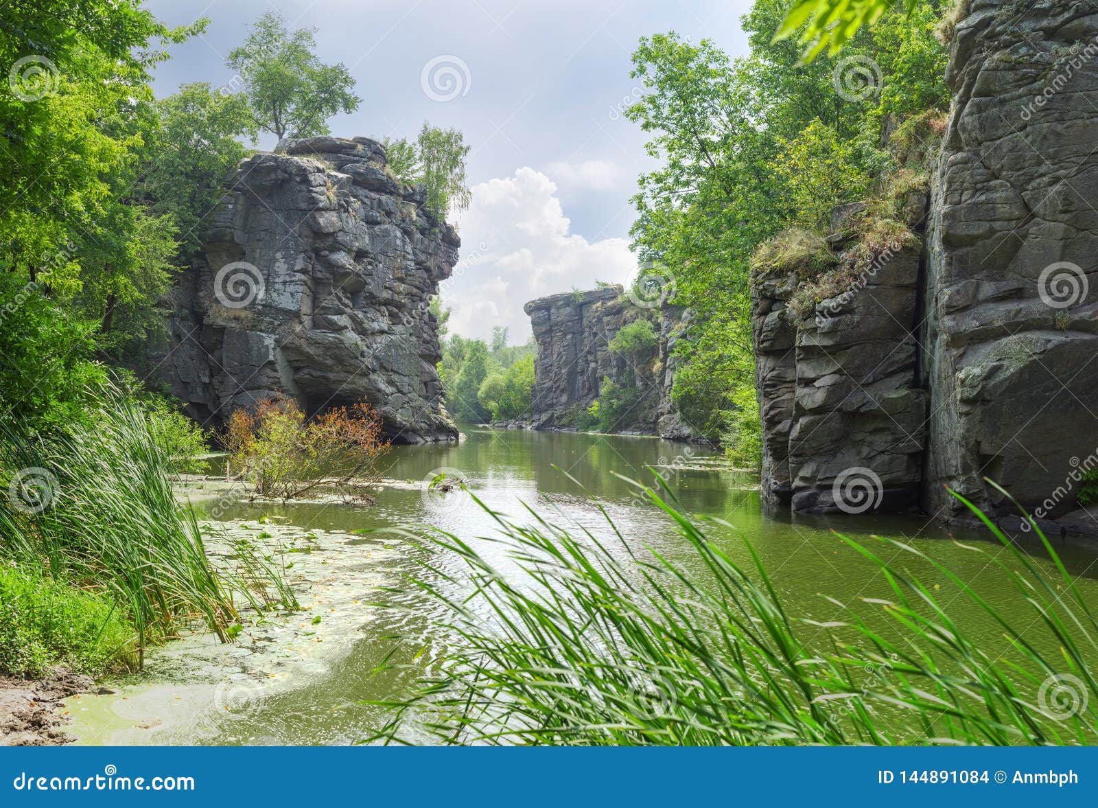 Plain River in Canyon with Overhanging Rocks on Two Banks Stock Photo ...