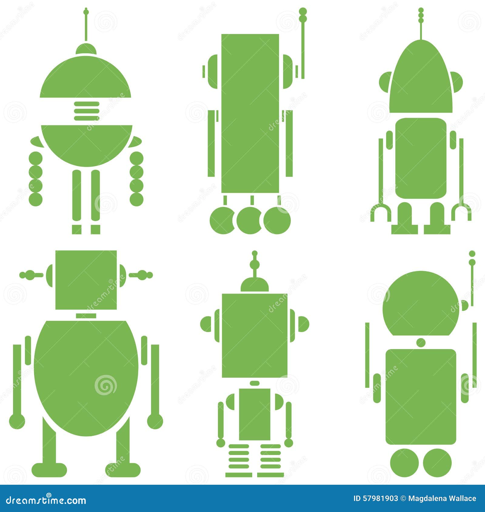 Plain Vintage Retro Robots 2 Icons Set in Green Set of 6 ( Set a) Stock ...