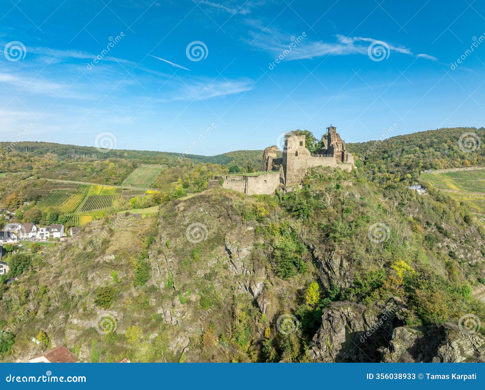 Aerial View of are Castle in Altenahr Germany, Medieval Hilltop Ruined ...